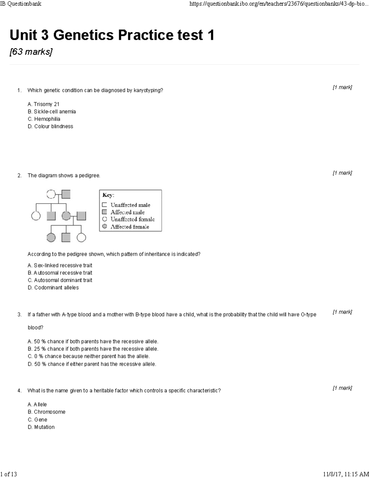 IB Unit 3 Genetics Practice Test 1: Key Concepts and Questions - Studocu