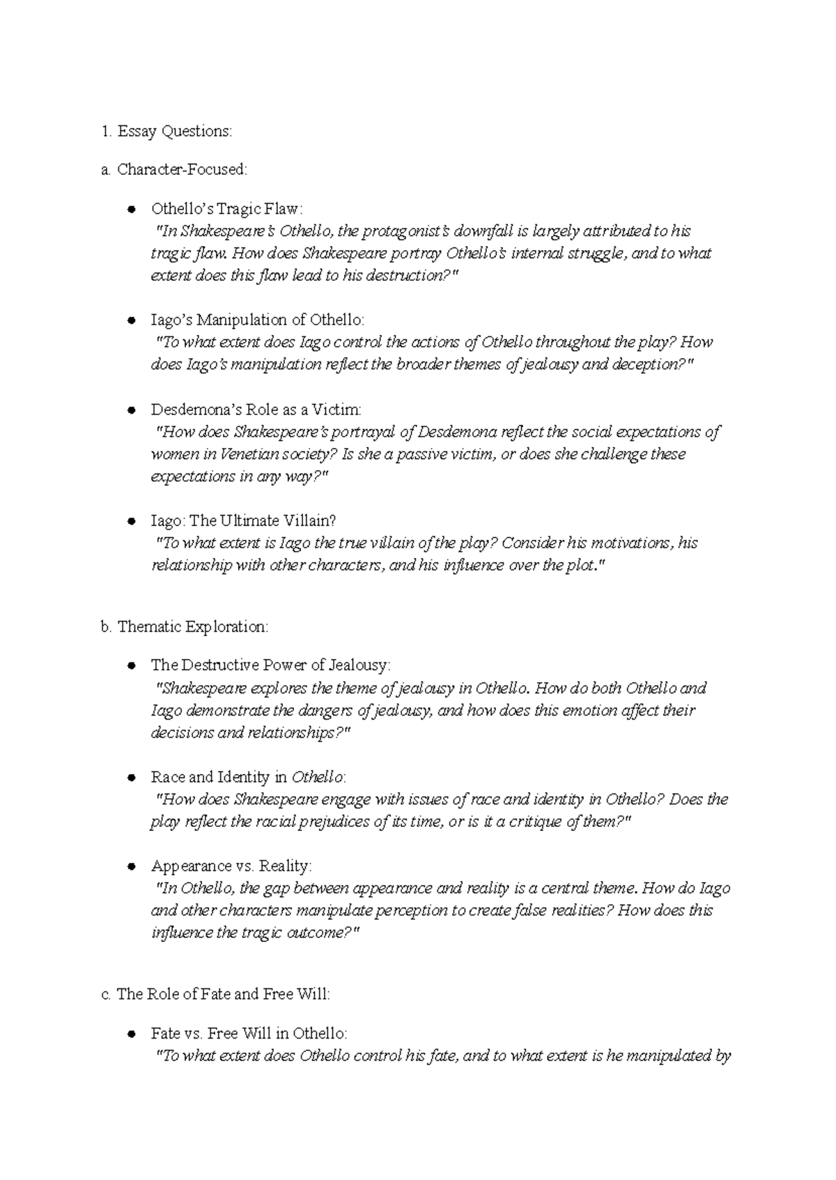 Othello (ENG 101) Essay Questions & Scene Analysis Prompts - Studocu
