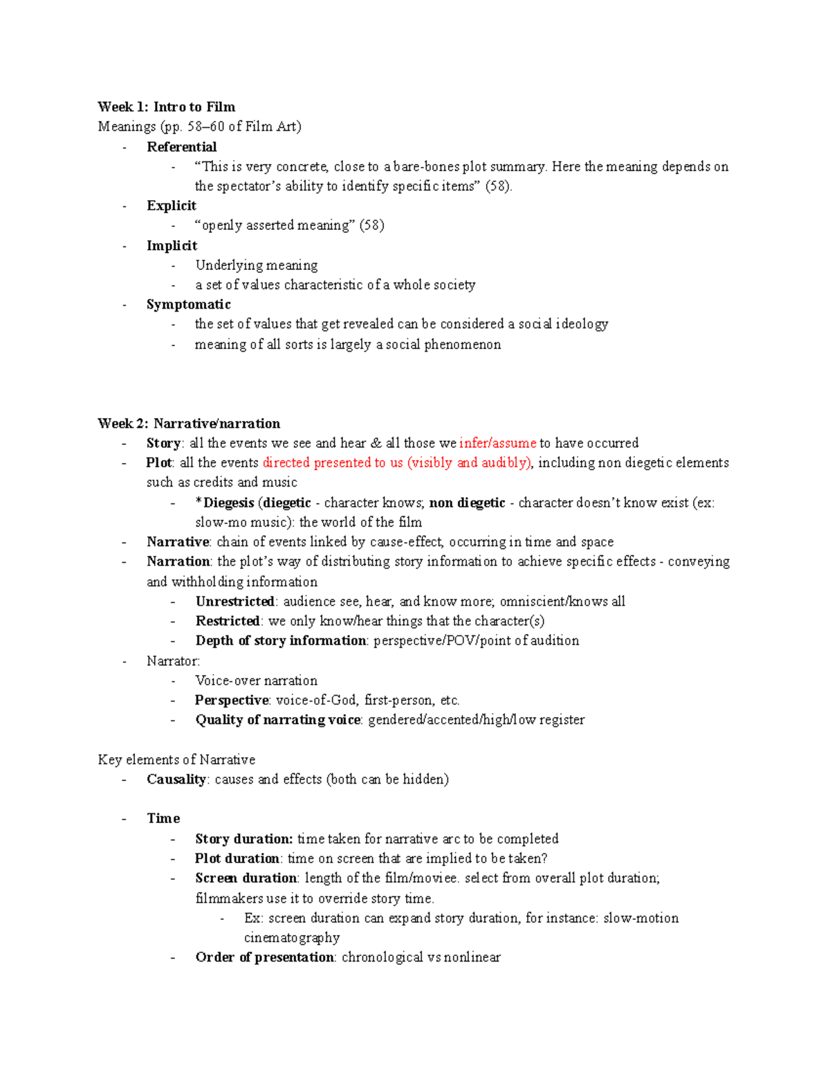 FILM1000 Lecture Notes: Weeks 1-5 Overview of Film Analysis - Studocu
