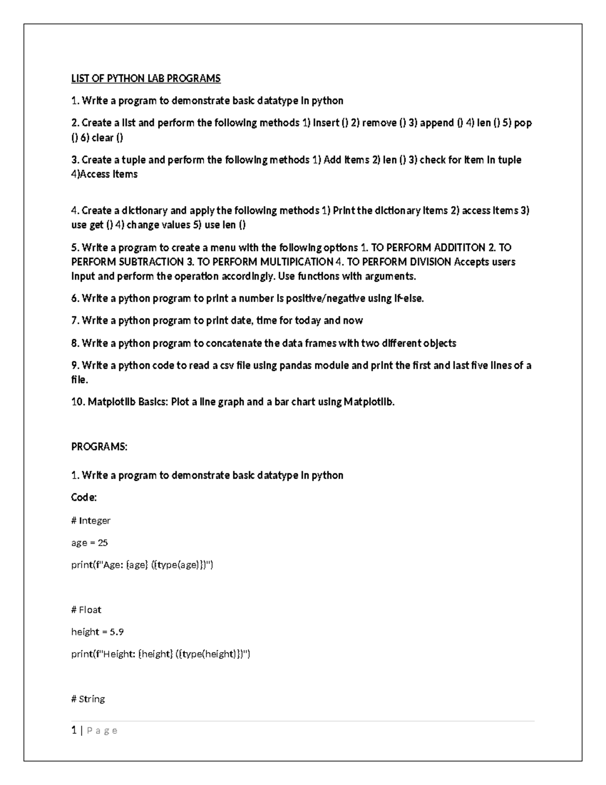 Python Lab Manual BVOC IT 1-7: Final Programs and Exercises - Studocu