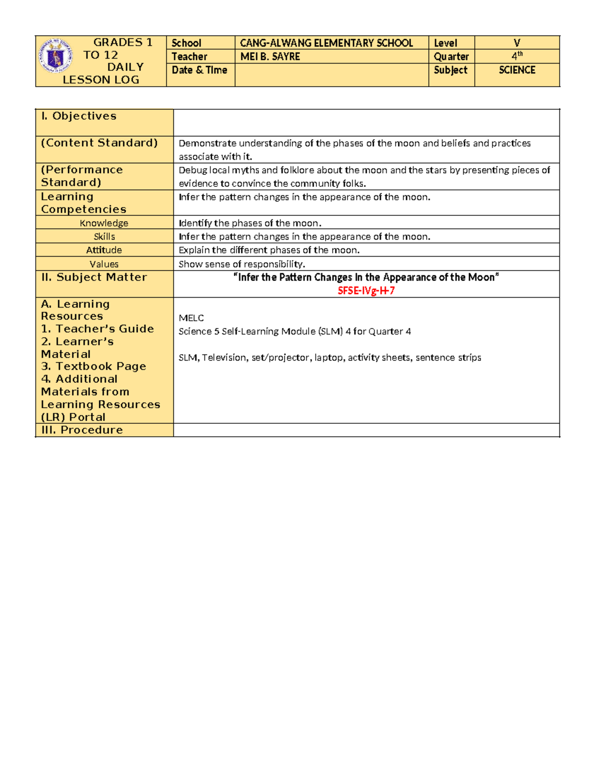 COT 1 Grade V Science: Phases of the Moon Daily Lesson Log - Studocu