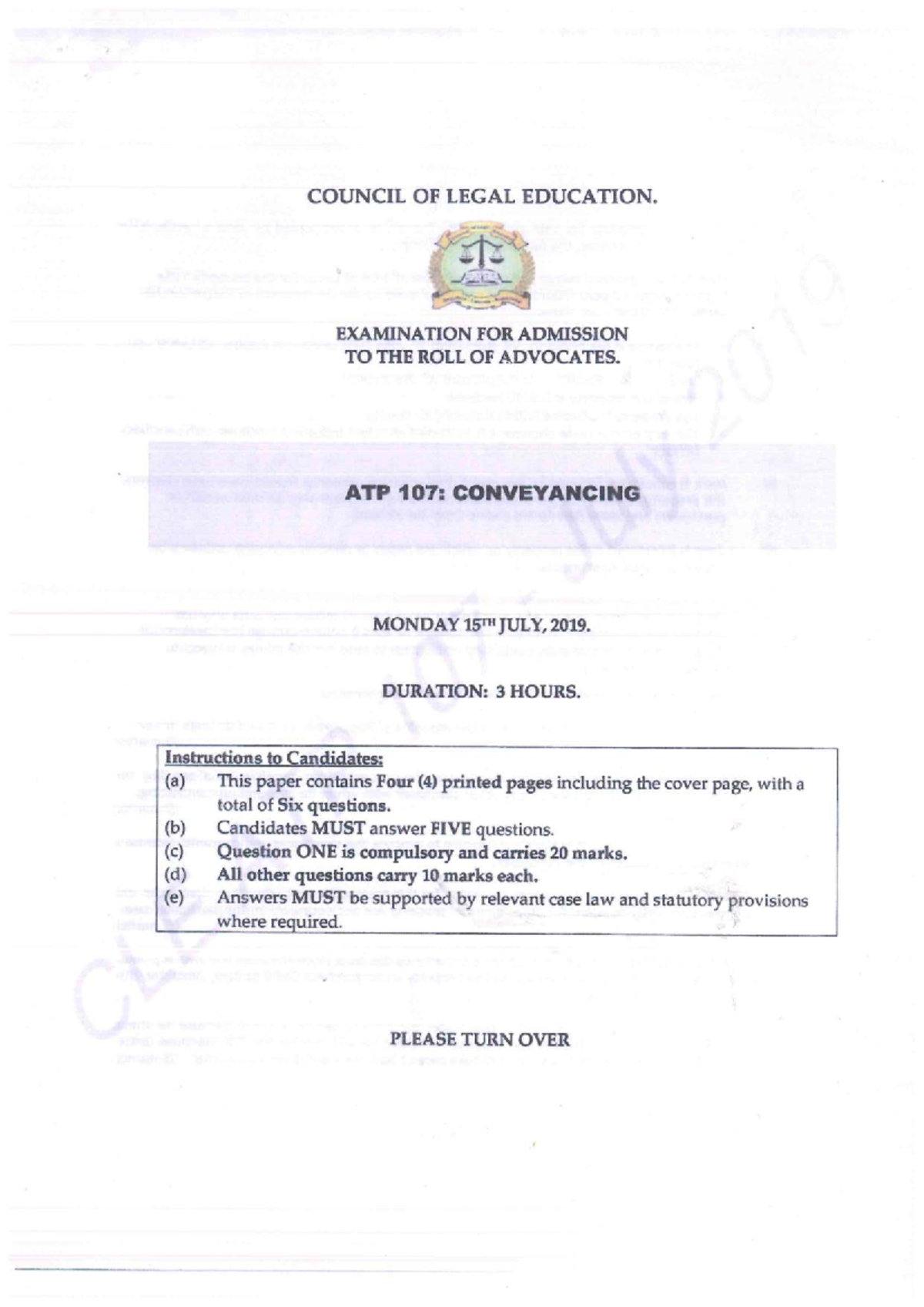 ATP 107: 2019 July Conveyancing Past Exam Paper - Studocu