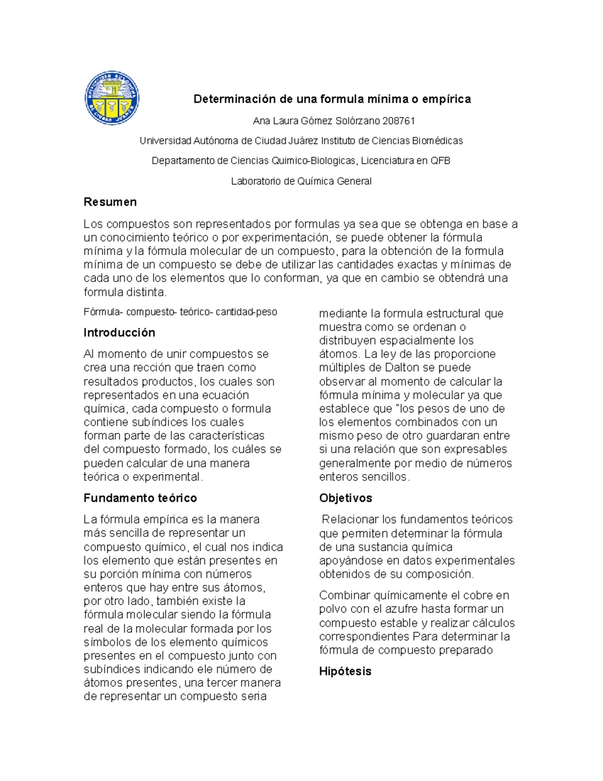 Determinación de una formula mínima o empírica - Determinación de una ...
