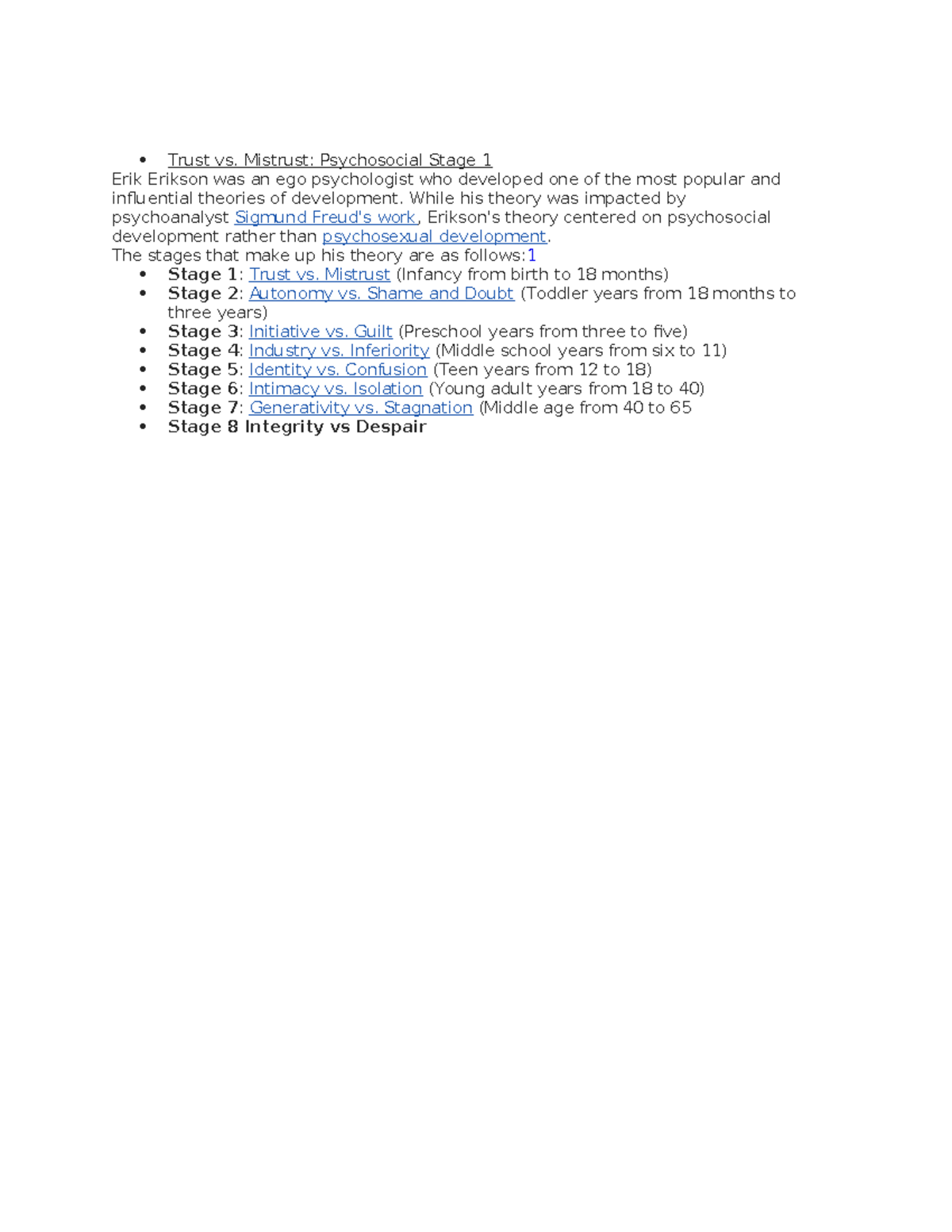 Erikson's 8 Stages of Psychosocial Development - Notes - Studocu