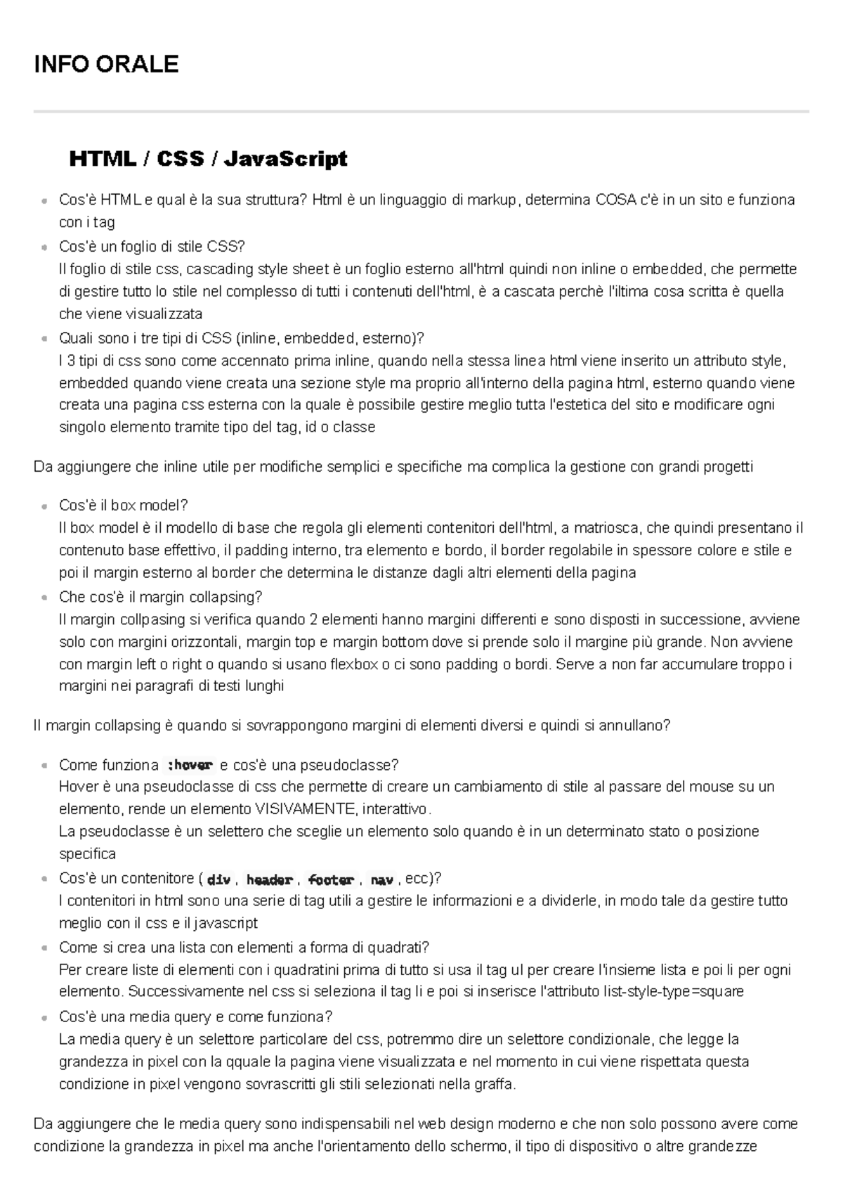 INFO ORALE: Struttura e Funzioni di HTML, CSS e JavaScript - Studocu