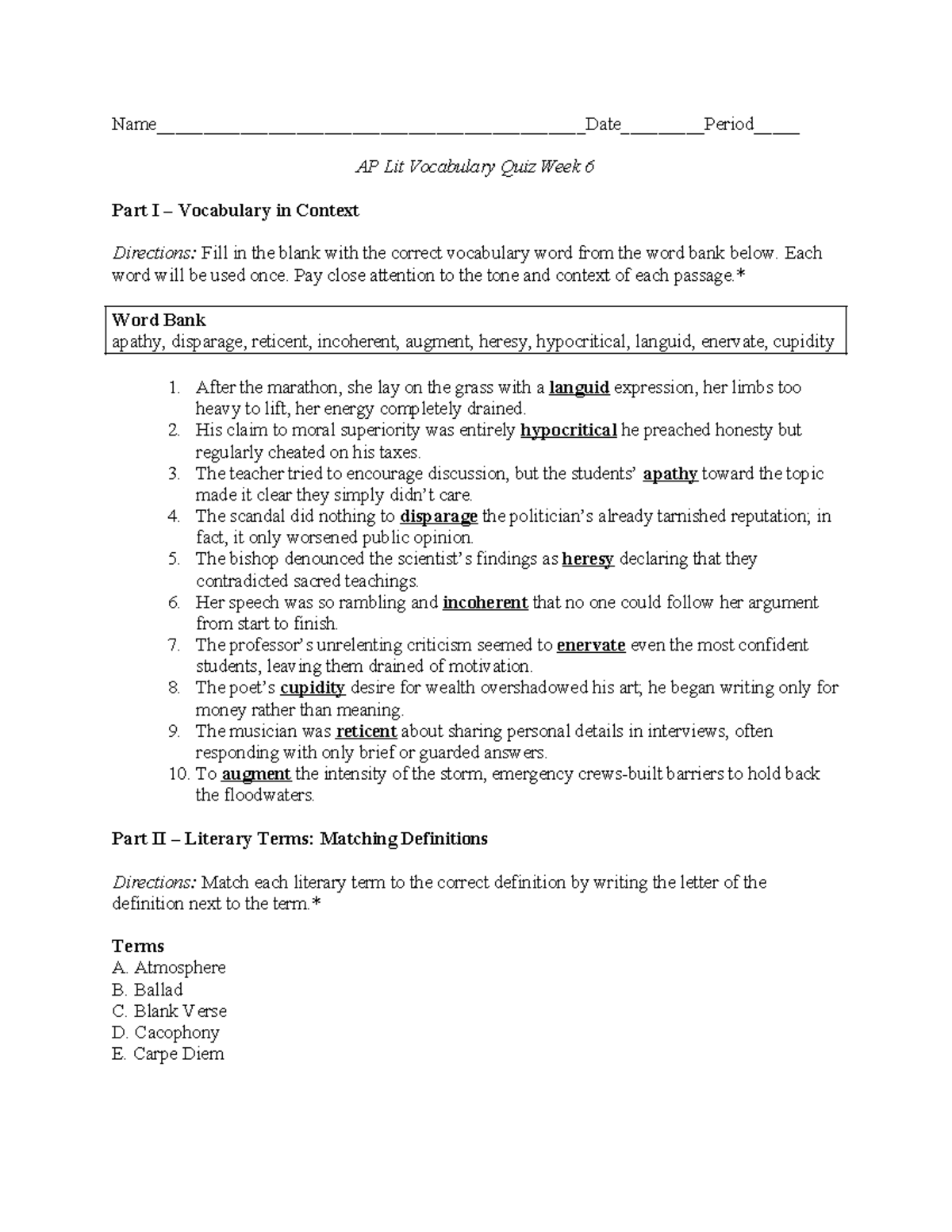 AP Lit Vocab Quiz Week 6: Vocabulary in Context Answer Key - Studocu