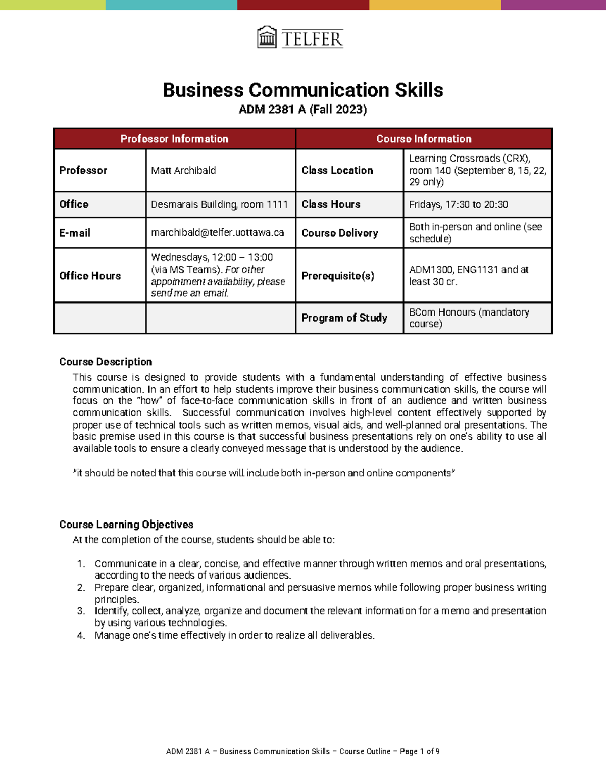 Business Communication Skills Syllabus - ADM 2381 A (Fall 2023) - Studocu