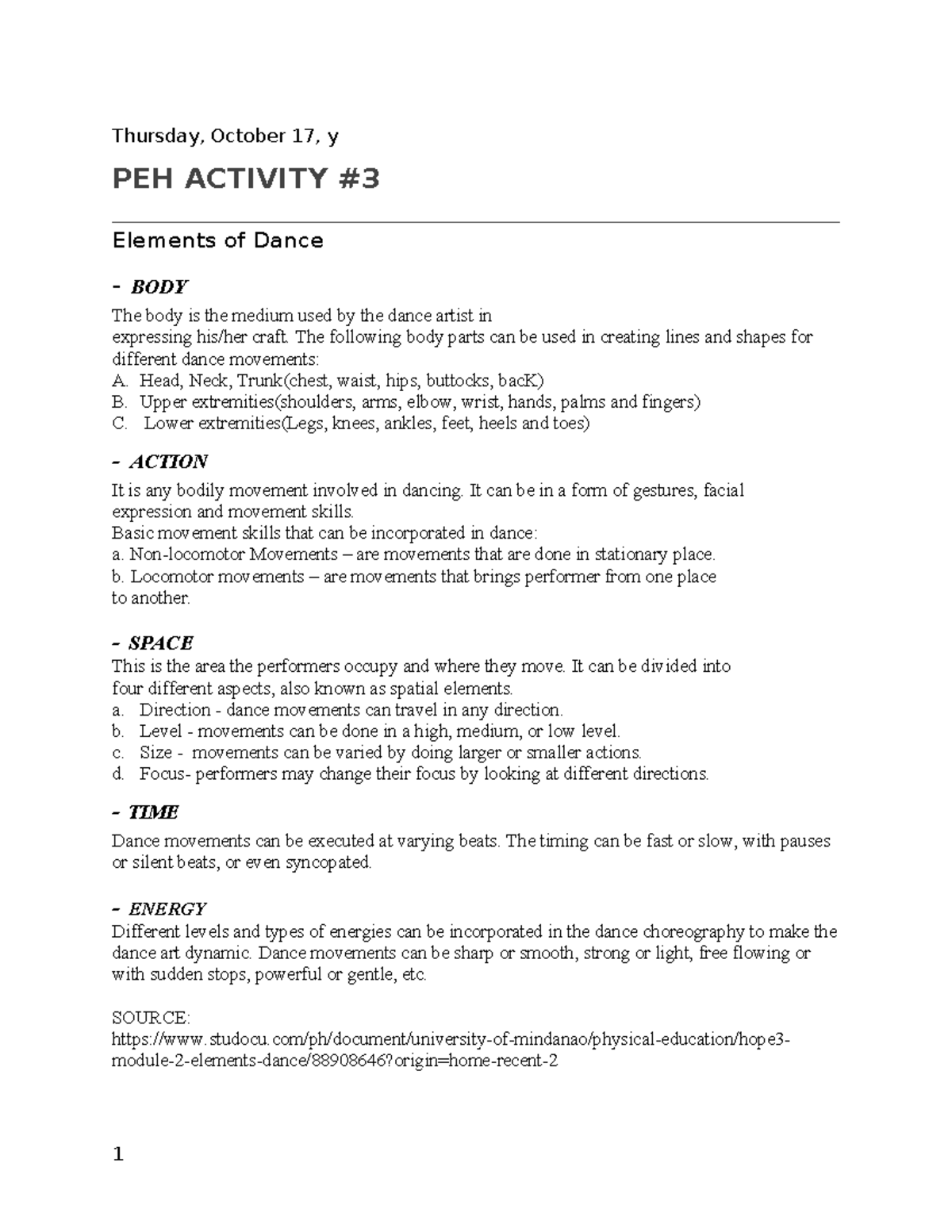 Elemetns OF Dance - Thursday, October 17, y PEH ACTIVITY Elements of ...