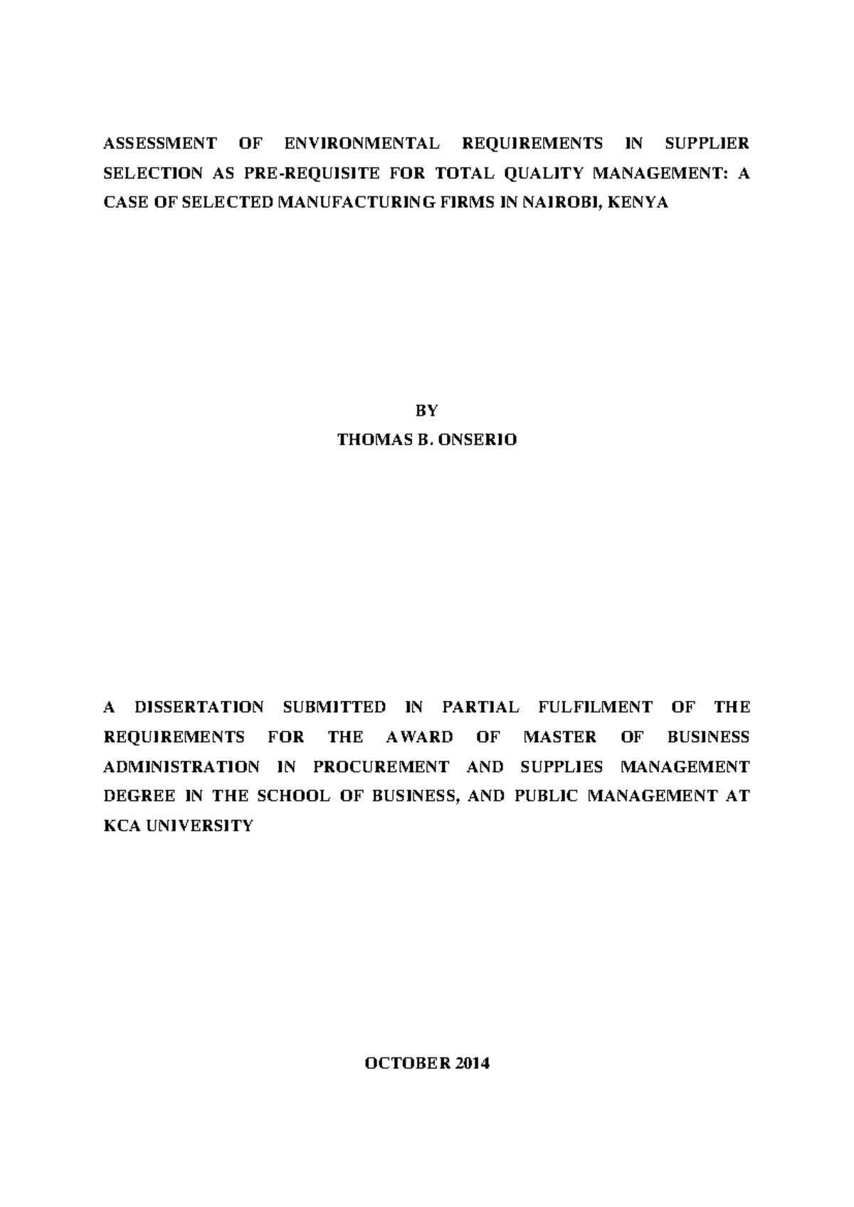 Assessment of Environmental Requirements in Supplier Selection for TQM ...