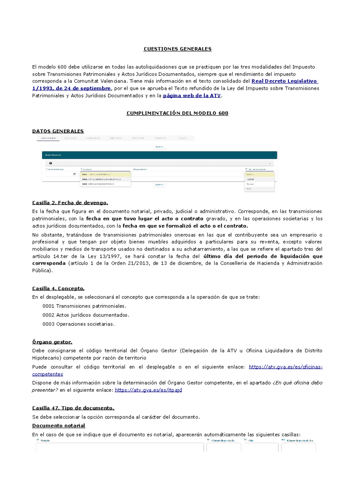 Instrucciones para el Modelo 600: Autoliquidaciones y Datos Generales ...