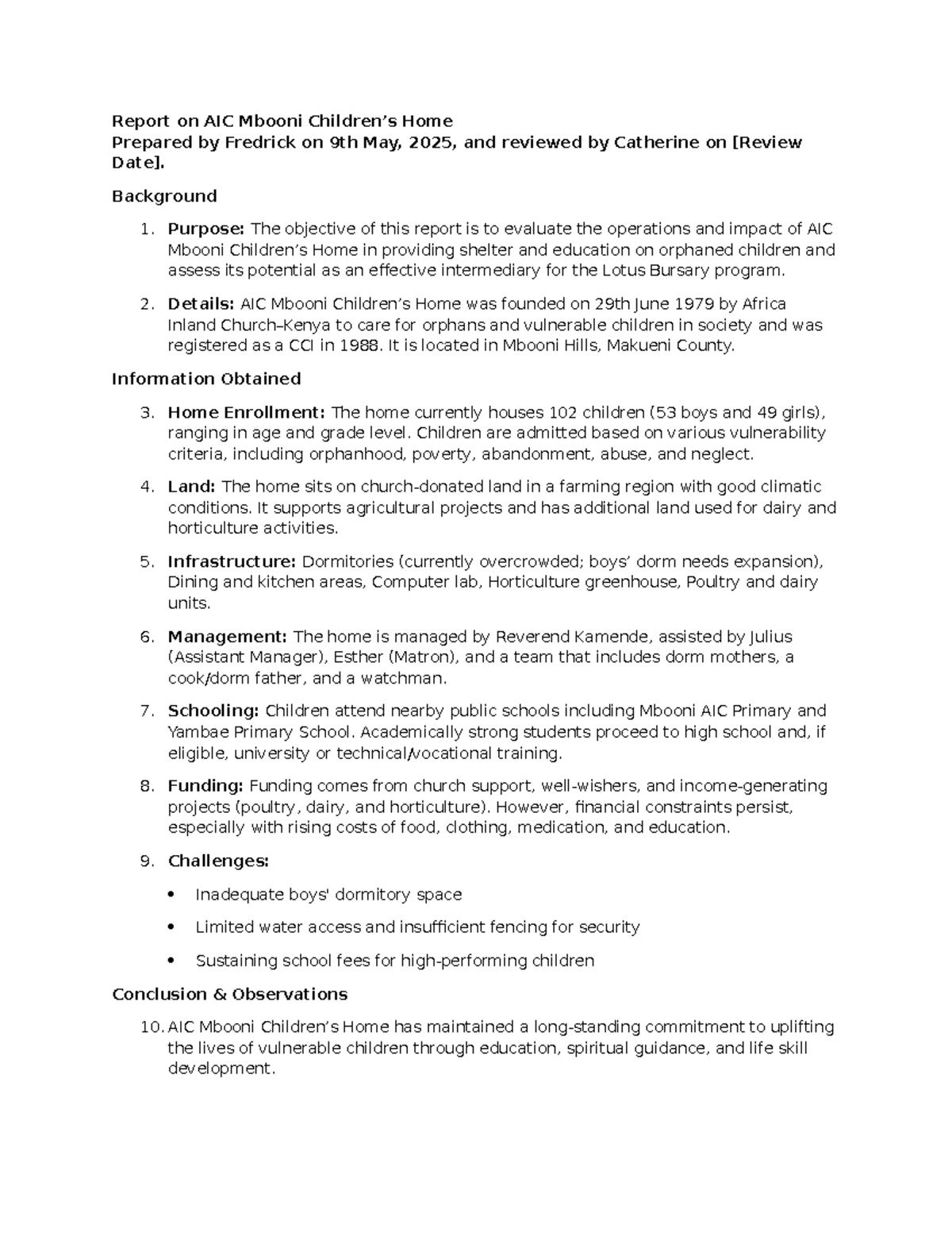 LT RES Report on AIC Mbooni Home Operations & Impact Analysis - Studocu