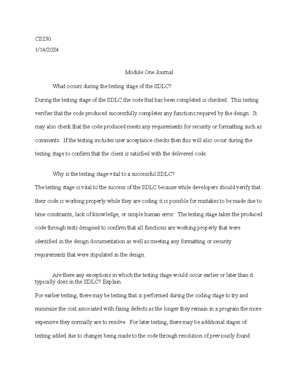 Cs230 Module One Journal Importance Of The Testing Stage In Sdlc Studocu