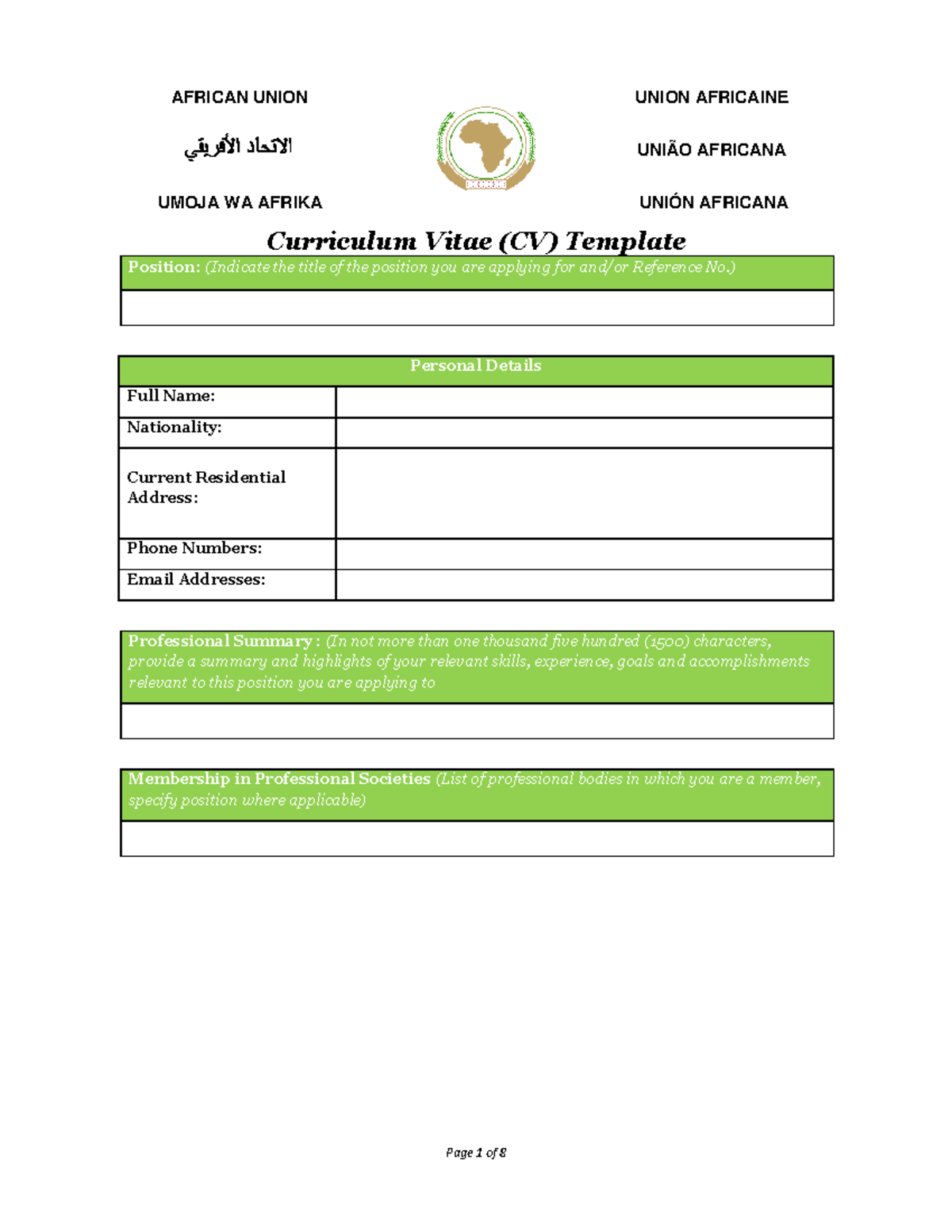African Union CV Template: Essential Structure and Guidelines - Studocu
