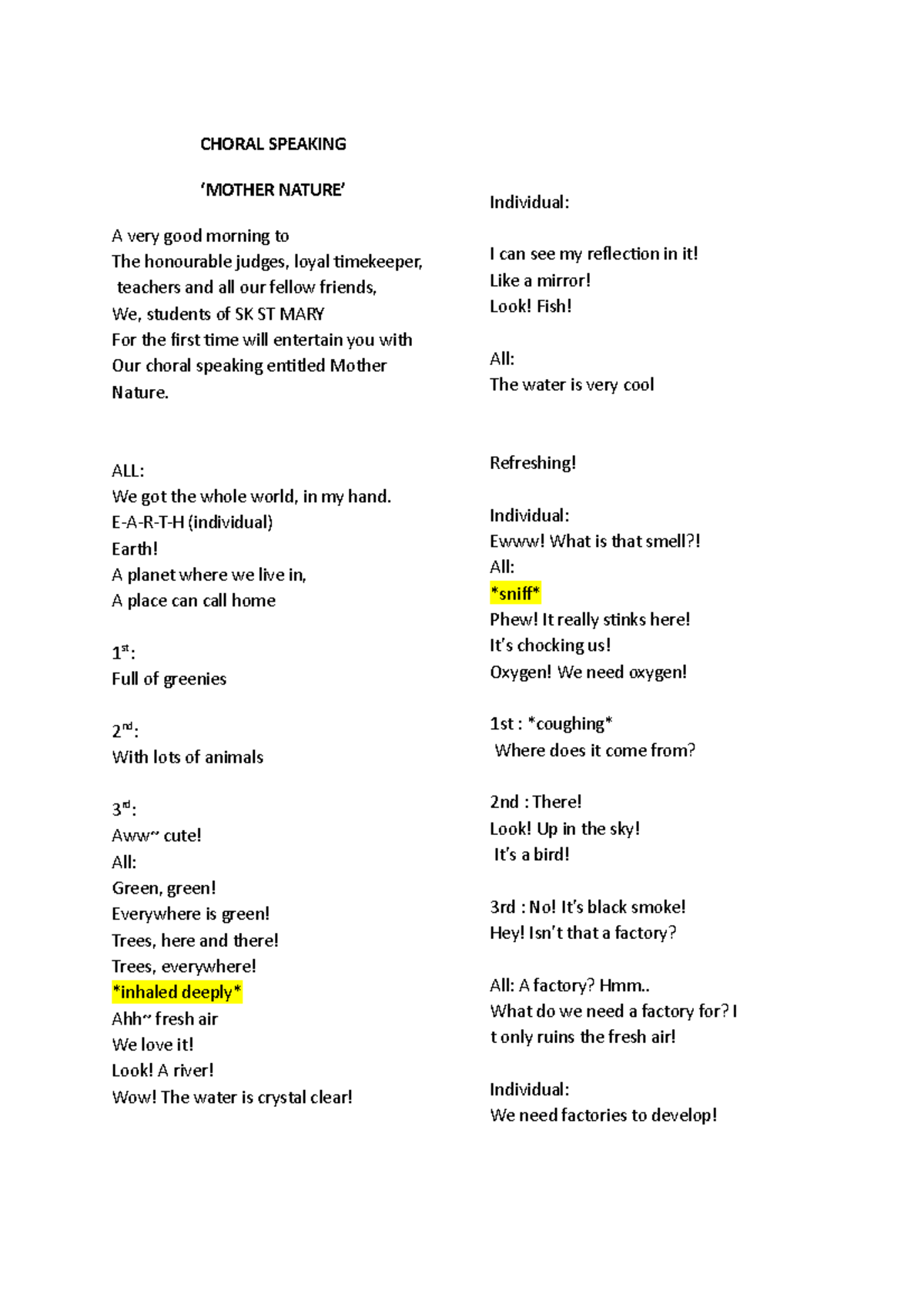 Choral speaking script - CHORAL SPEAKING ‘MOTHER NATURE’ A very good ...