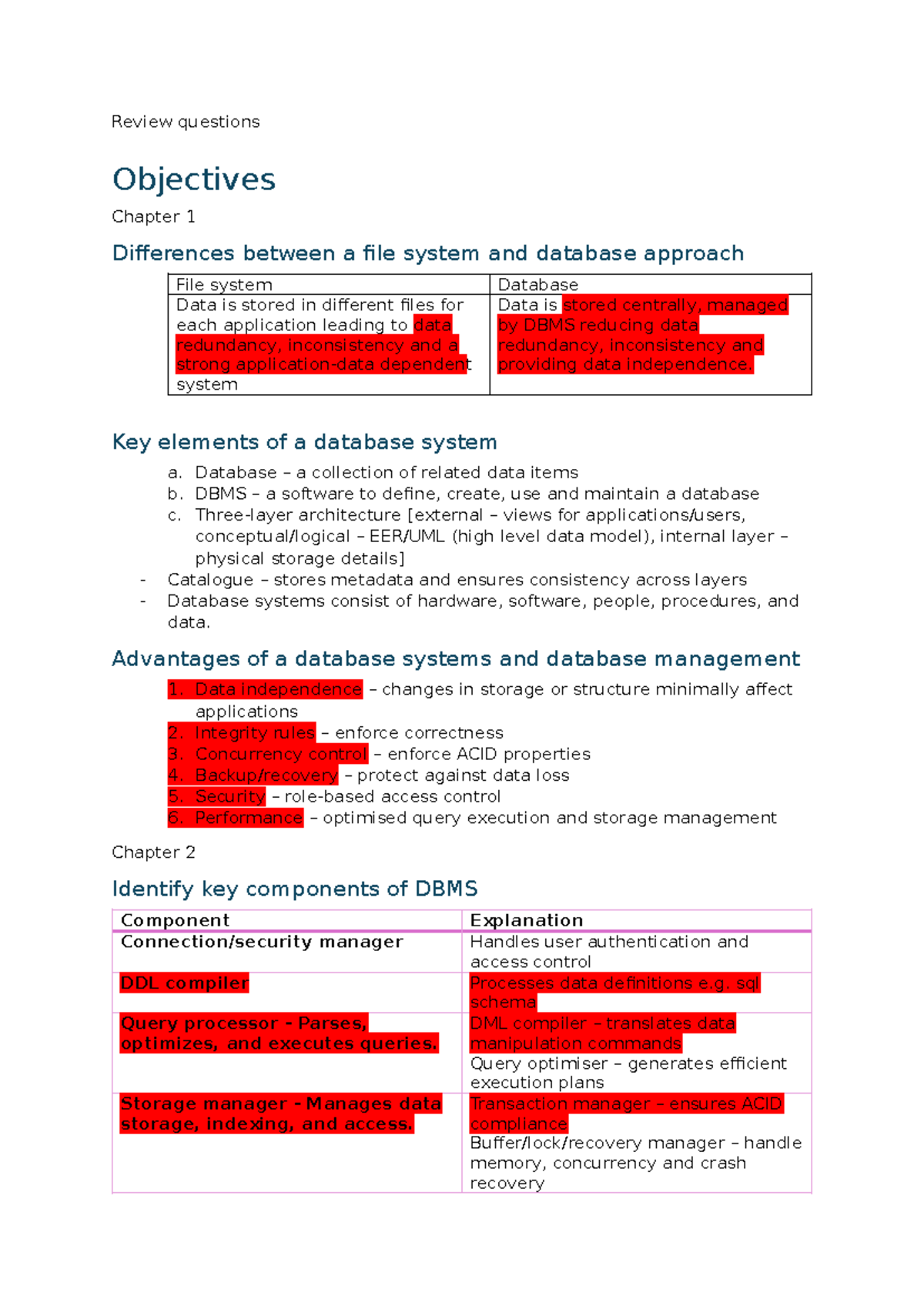 INF2007 Chapter Summary: File Systems vs. Database Approaches - Studocu