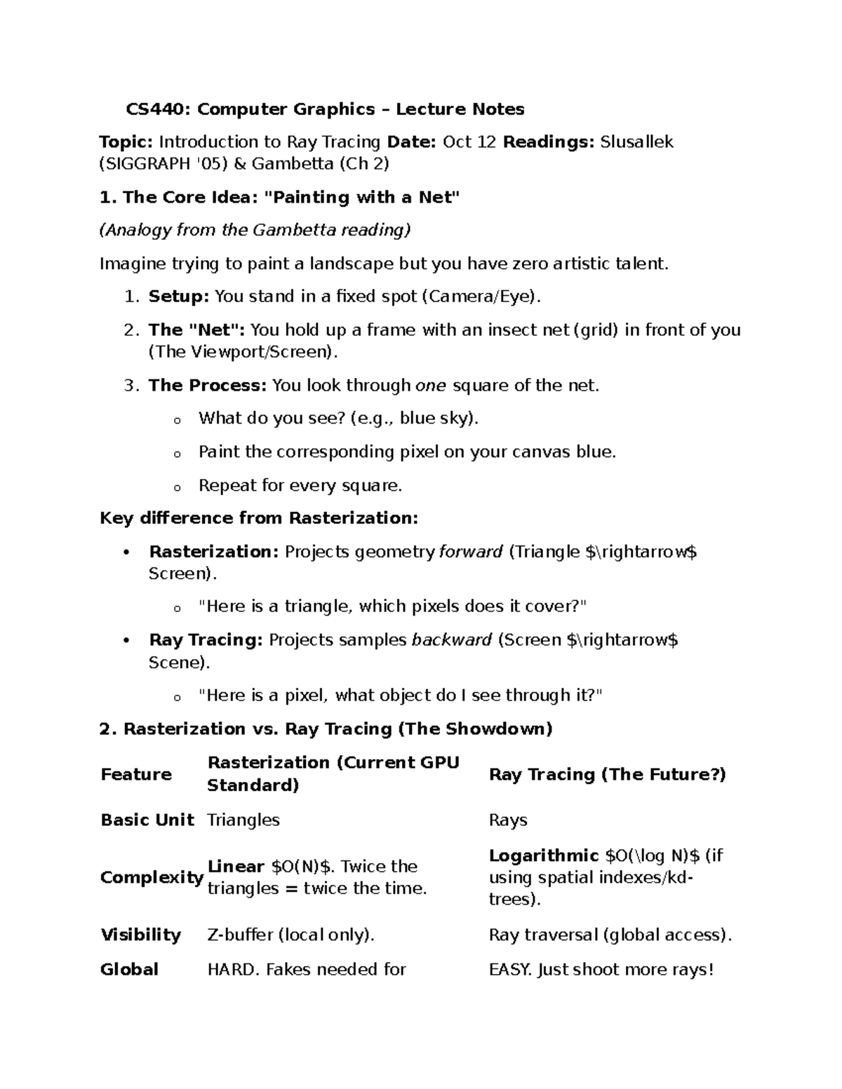 CS440: Computer Graphics Lecture Notes on Ray Tracing Basics - Studocu
