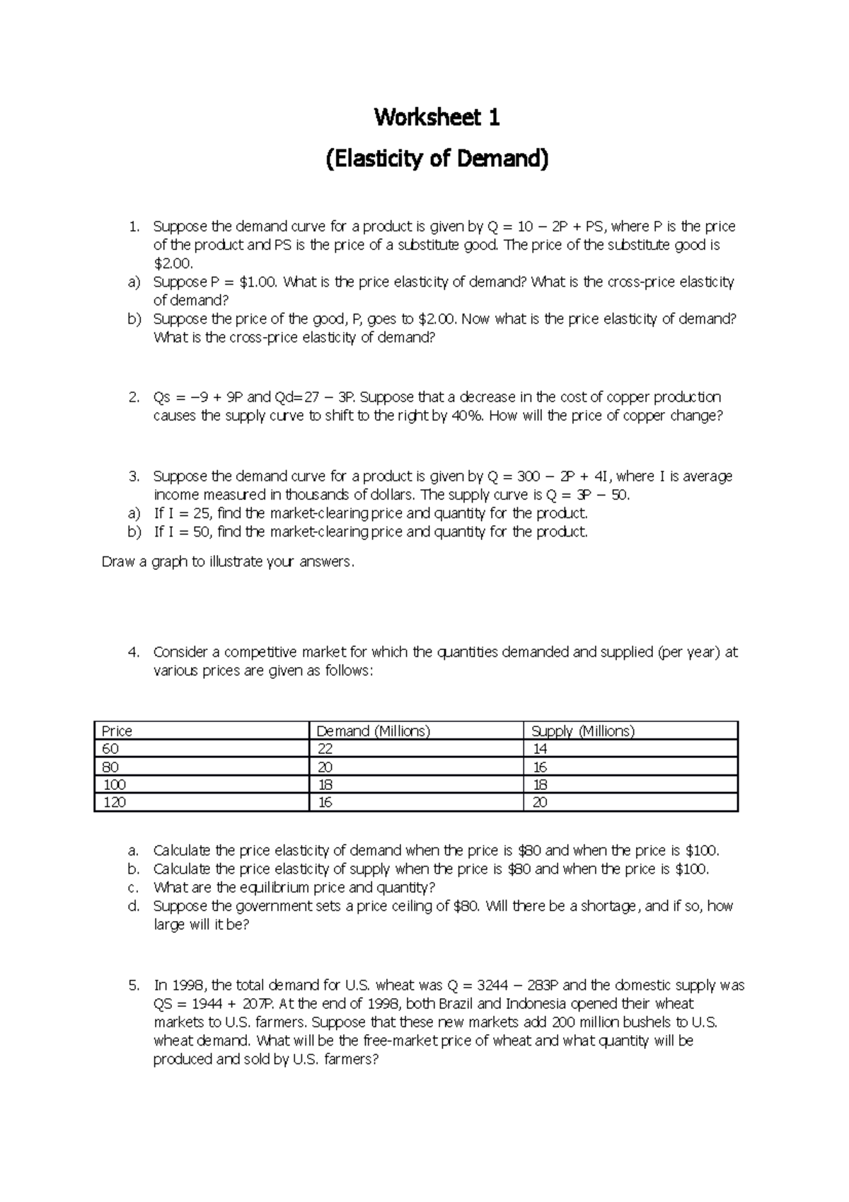 Worksheet 1 - Elasticity of Demand: Analysis and Calculations - Studocu
