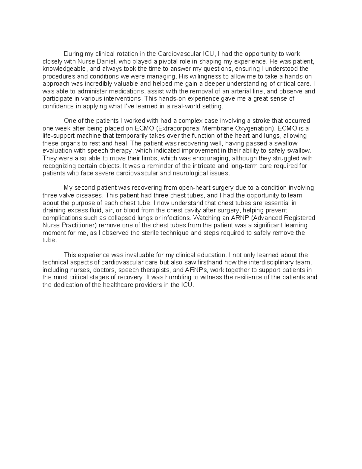 Reflection on Clinical Experience in Cardiovascular ICU - During my ...