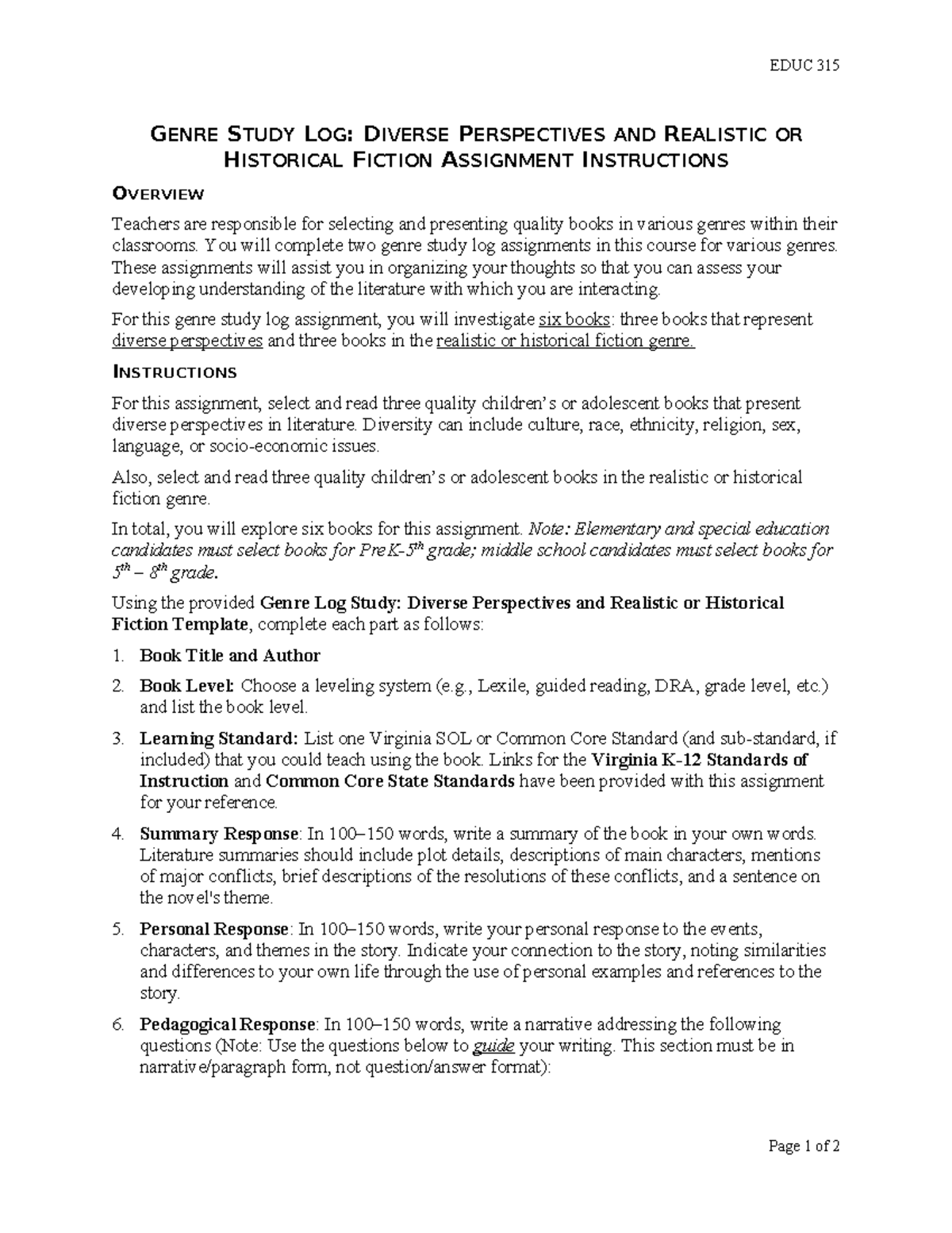 EDUC 315 Genre Study Log: Diverse & Realistic Fiction Assignment - Studocu