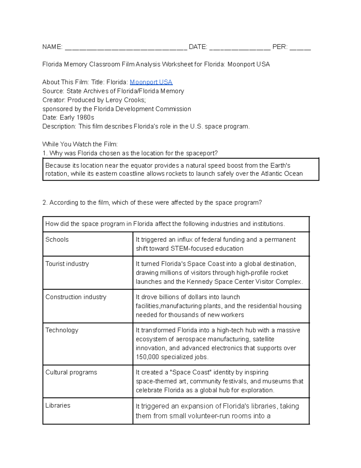 FLA 2025: Moonport USA Film Analysis Worksheet - Studocu