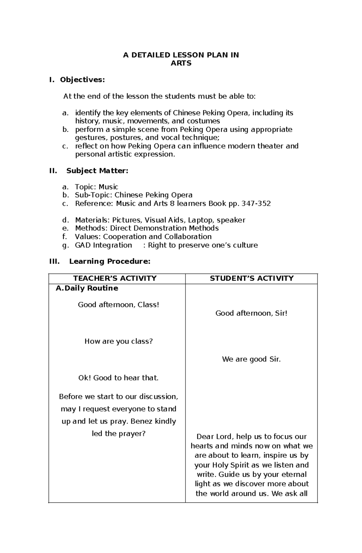Detailed Lesson Plan: Chinese Peking Opera in Arts I - Studocu