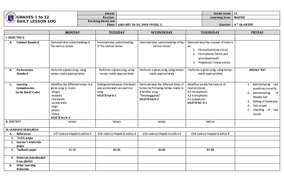 DLL Mapeh 6 Q4 W1 - DLL - GRADES 1 to 12 DAILY LESSON LOG School: Grade Level: VI Teacher ...
