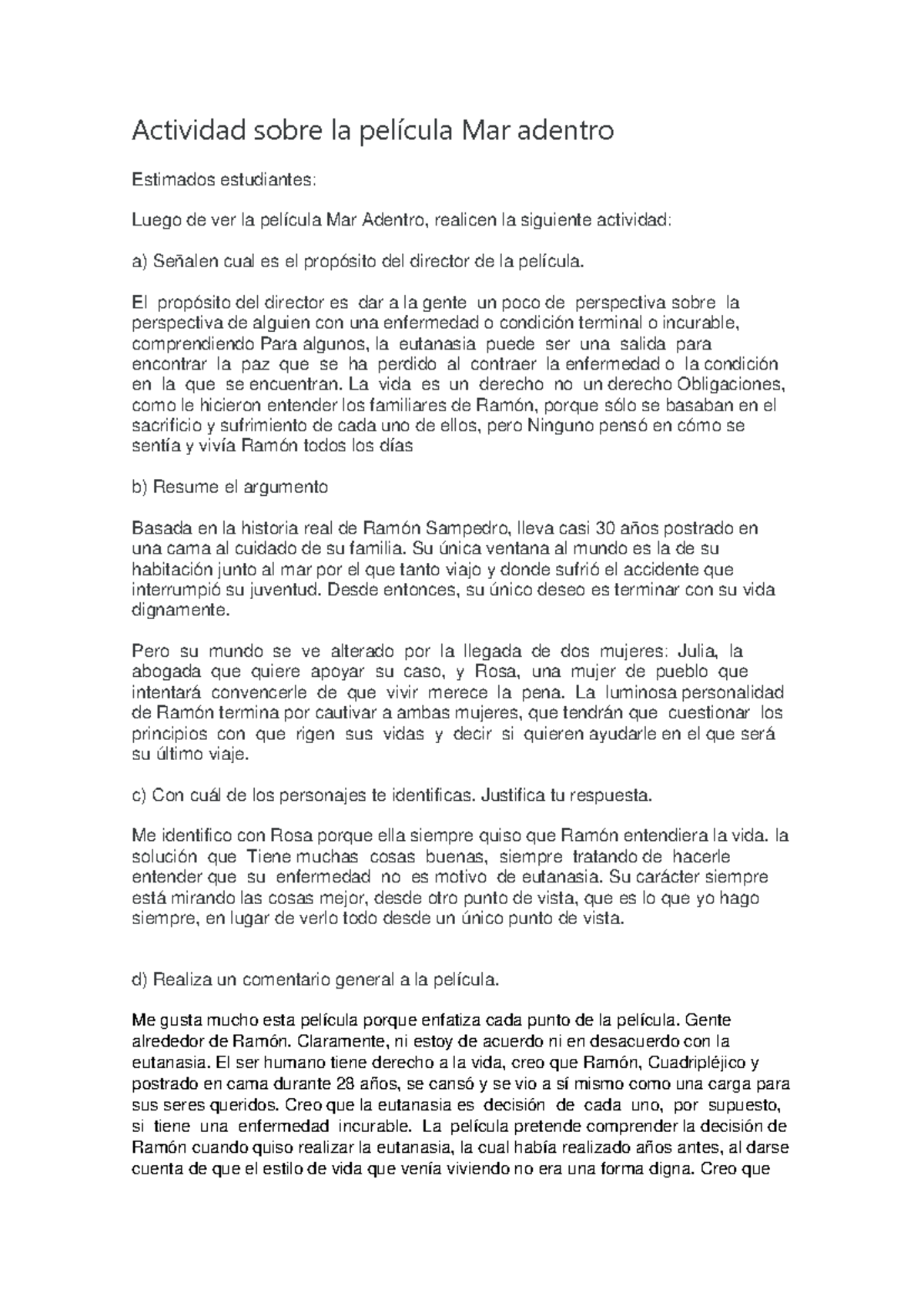 Actividad sobre la película Mar adentro - Actividad sobre la película ...