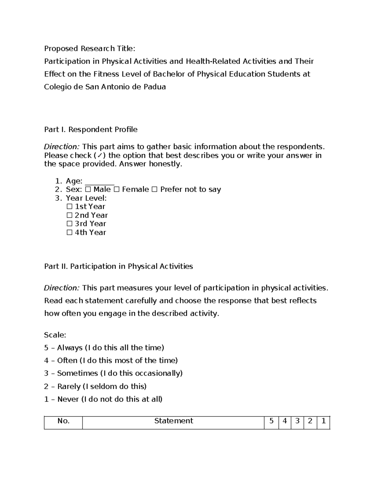 BPEd 101: Research Questionnaire on Physical Activity & Fitness Levels ...