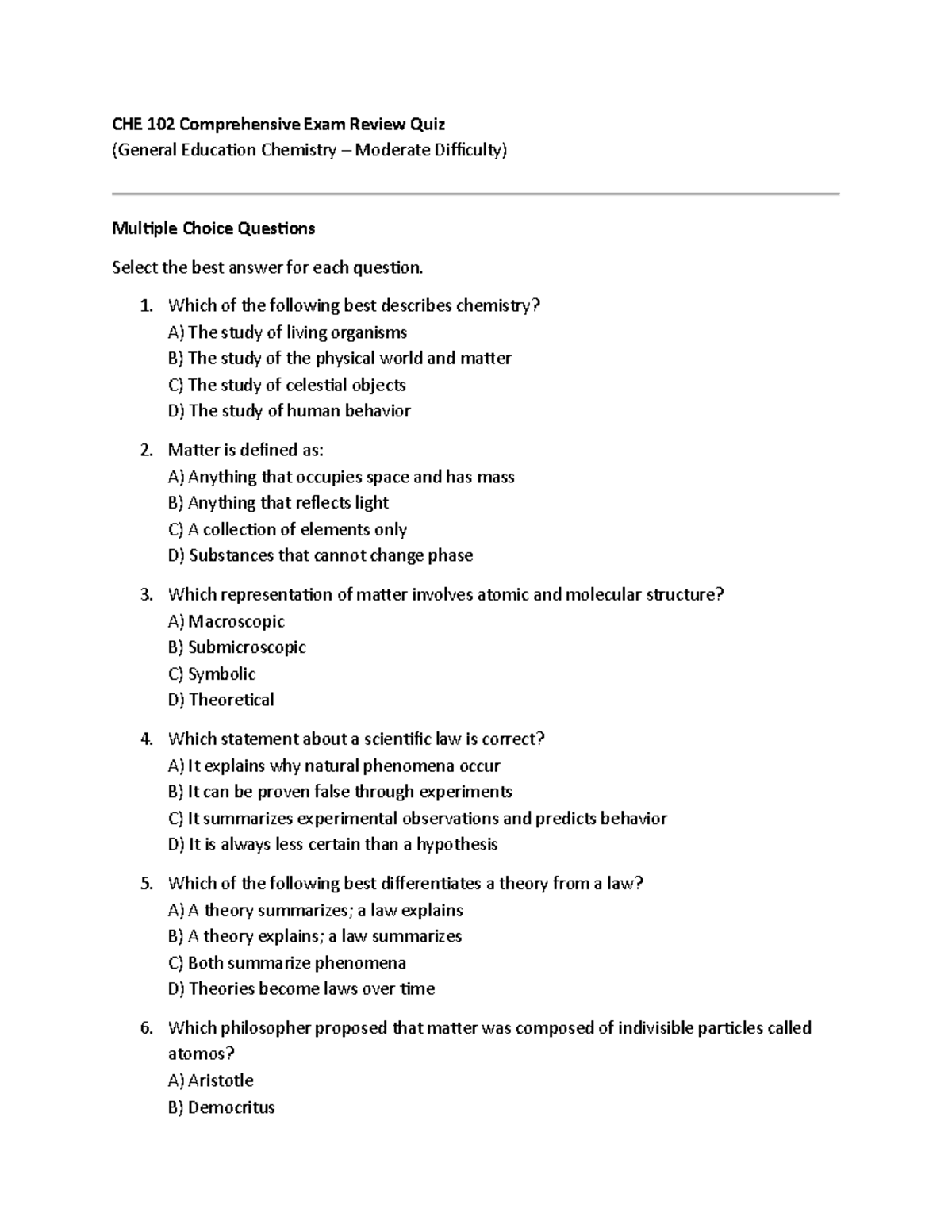 CHE 102 Comprehensive Exam Review: Practice Exam Questions - Studocu