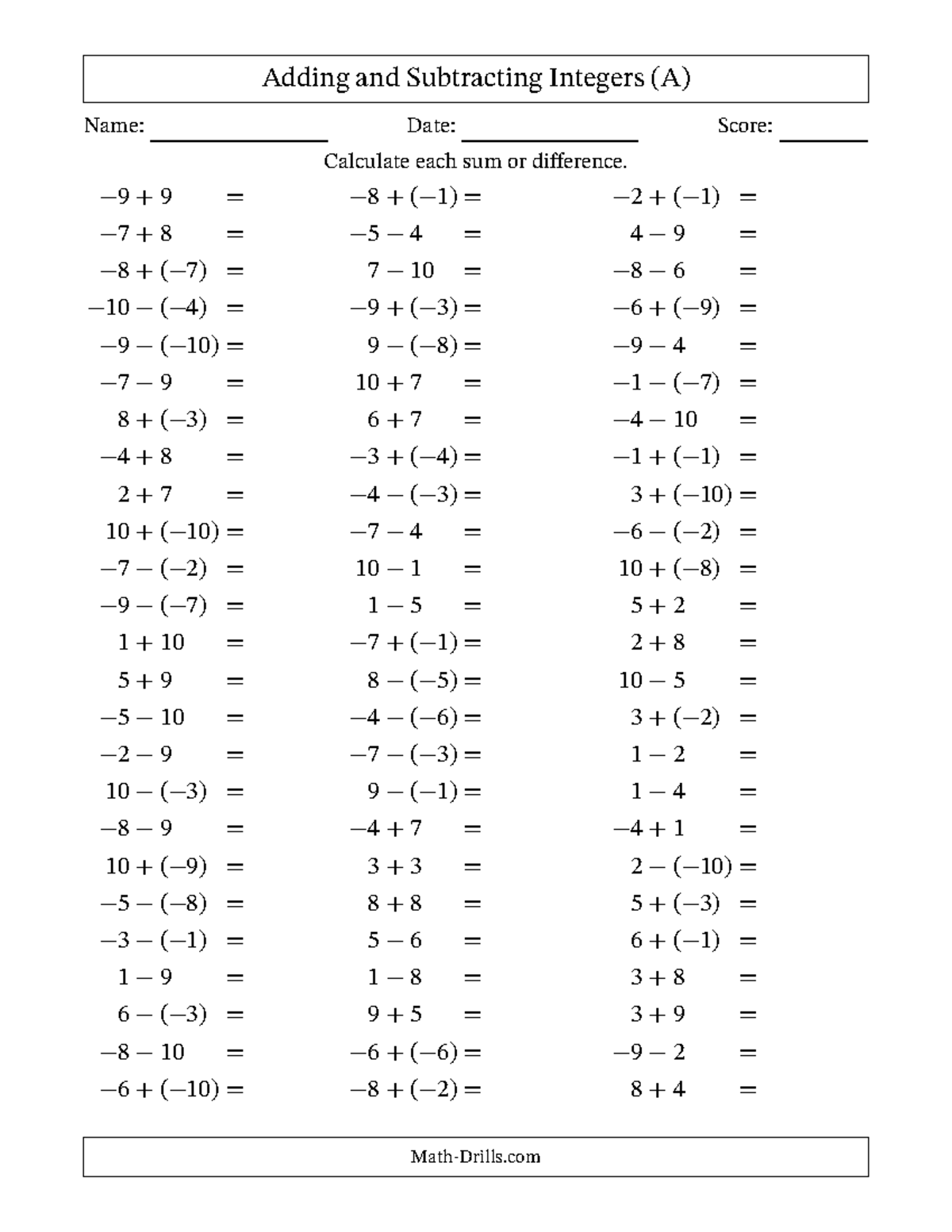 Integers Worksheet - Adding and Subtracting Mixed Integers from -10 to ...