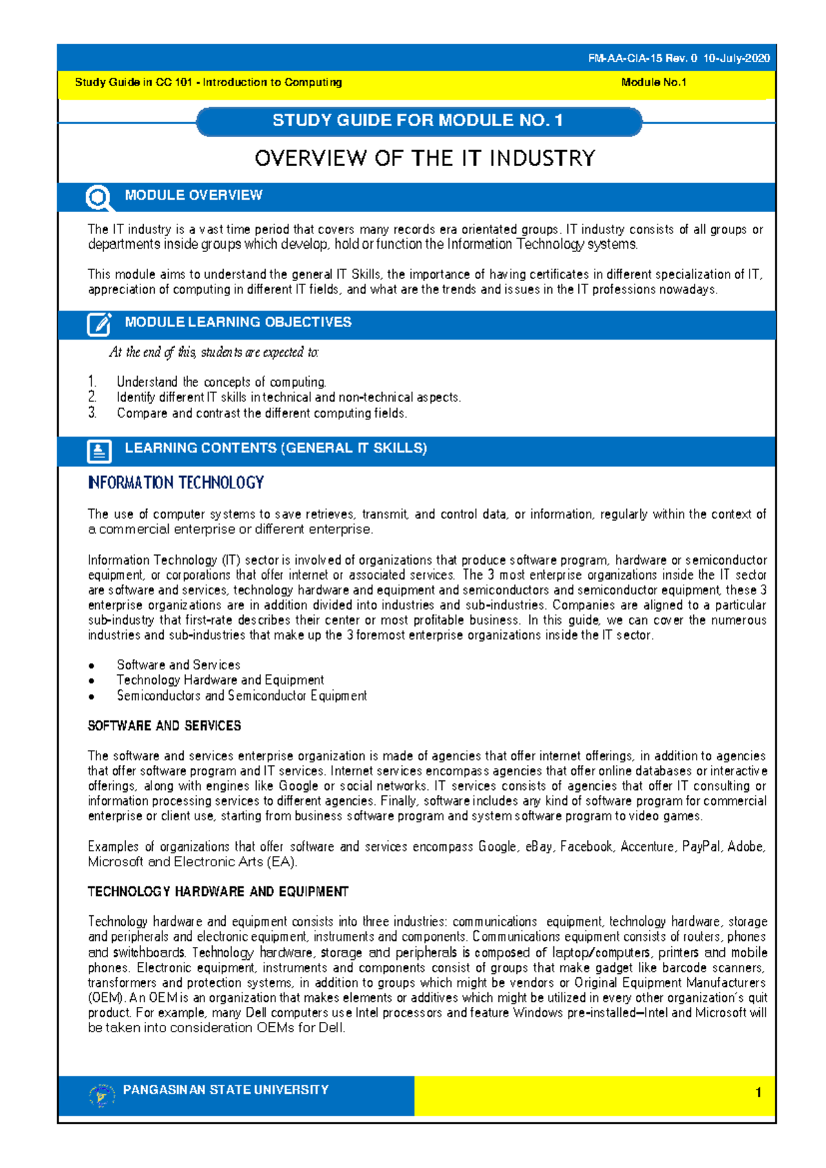 CC101 Module 1 - NONE - MODULE LEARNING OBJECTIVES LEARNING CONTENTS ...