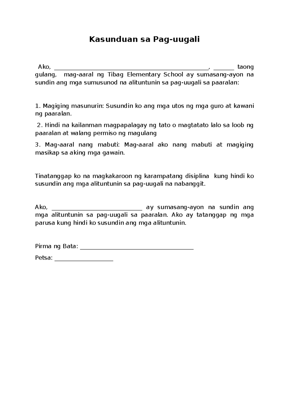 Behavioral contract - Kasunduan sa Pag-uugali Ako, - Studocu