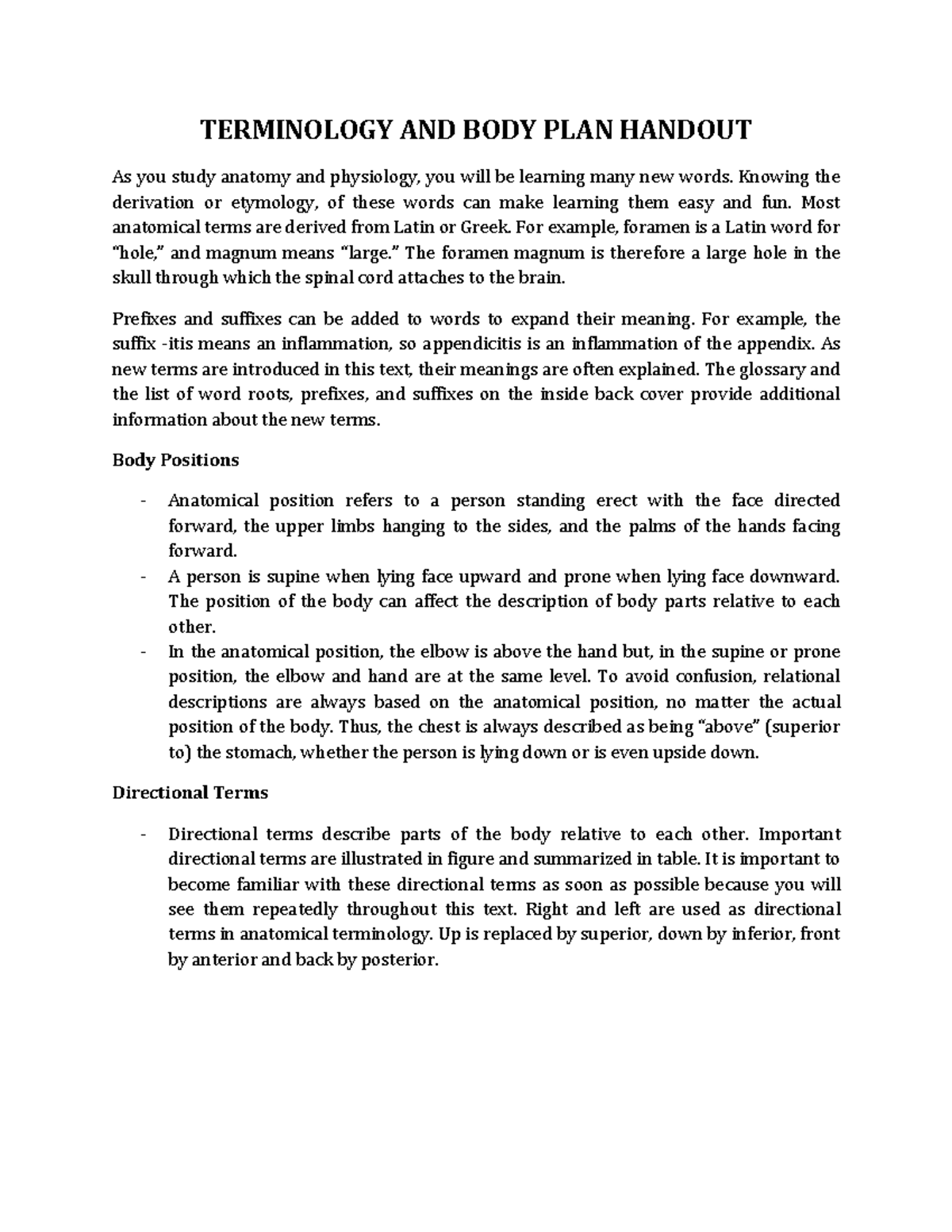 Terminology and Body Plan Handout - TERMINOLOGY AND BODY PLAN HANDOUT ...