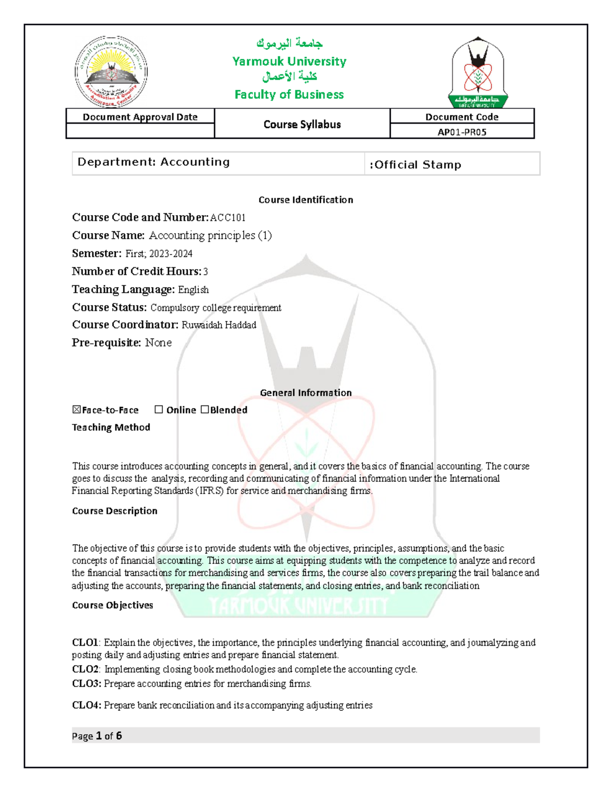 Course Syllabus - ACC 101: Accounting Principles (1) 2023-2024 - Studocu