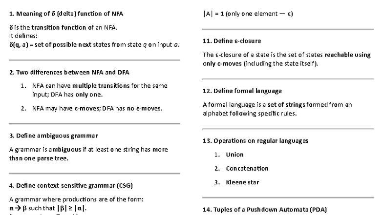 TCS - NFA, DFA, and Formal Language Concepts Explained - Studocu