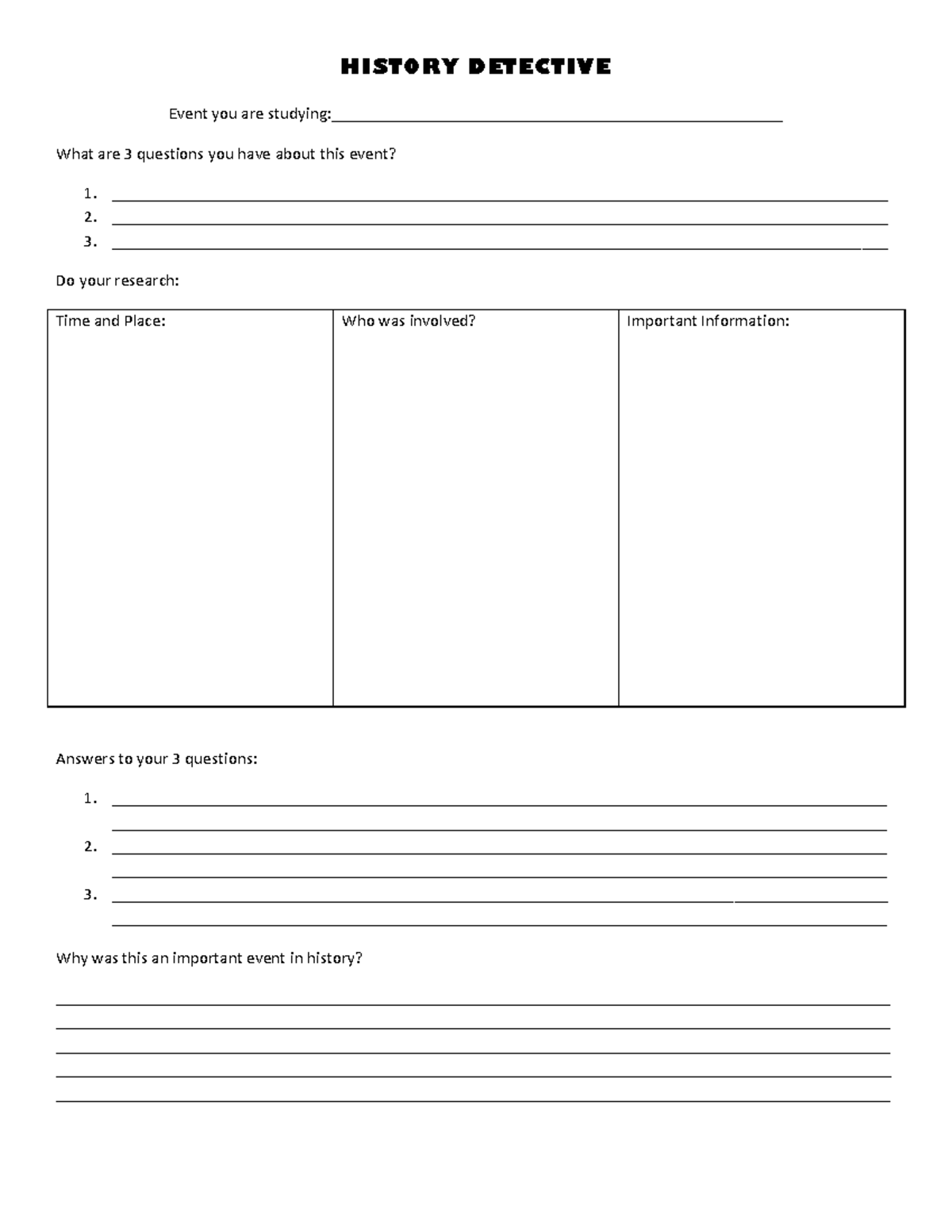 History Detective - Writing historical events - HISTORY DETECTIVE Event ...