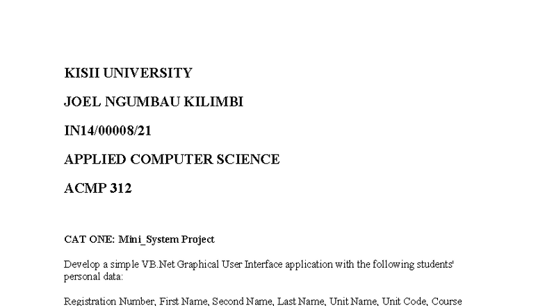 ACMP 312 CAT ONE: VB.Net Mini System Project Guide - Studocu