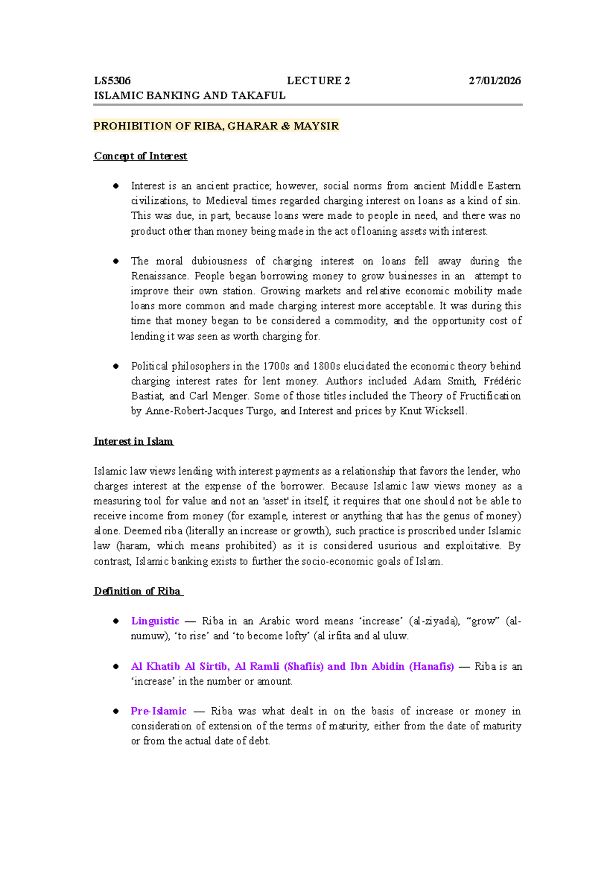 LS5306 LECTURE 2: PROHIBITION OF RIBA, GHARAR, AND MAYSIR IN ISLAMIC ...