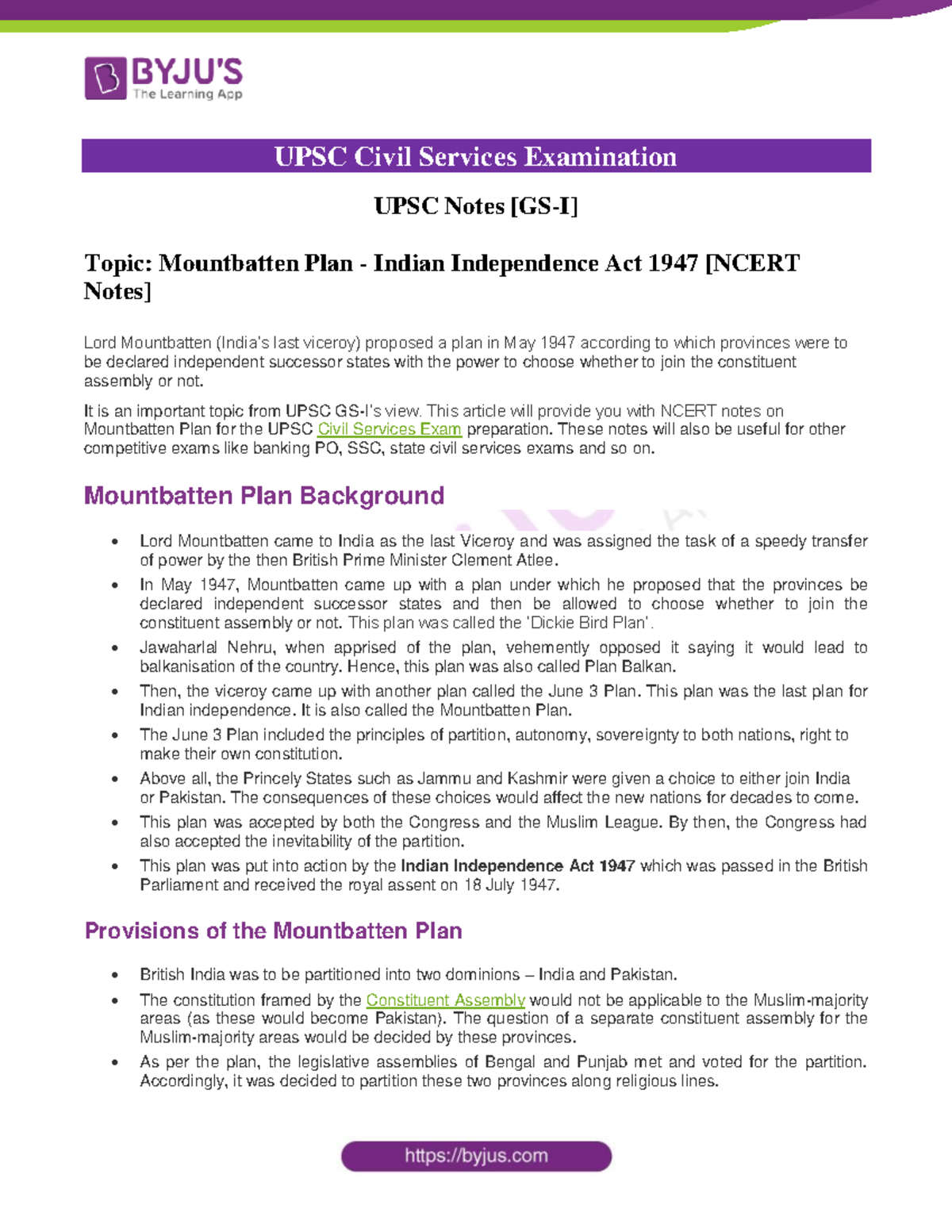 Mountbatten Plan Indian Independence Act 1947 Ncert Notes - UPSC Civil ...
