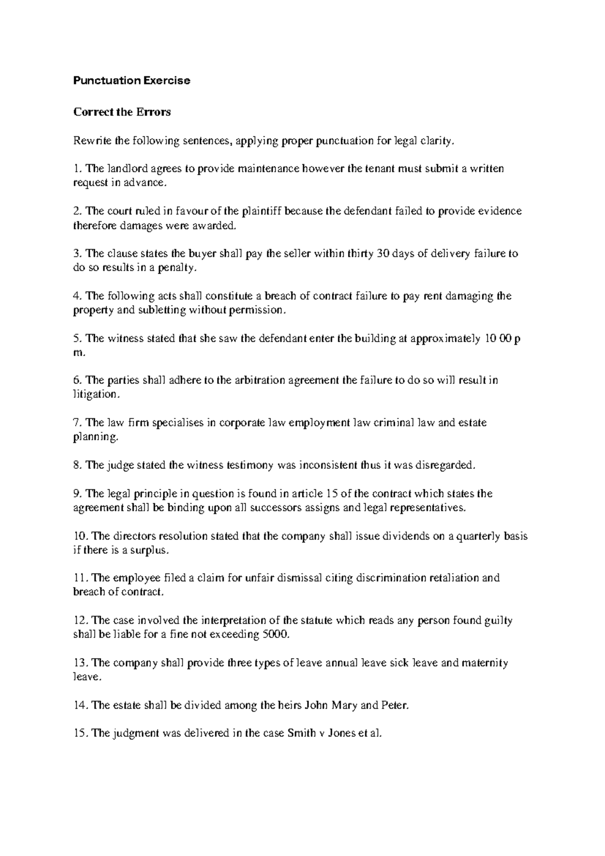 Punctuation Exercise: Legal Clarity and Error Correction Guide - Studocu