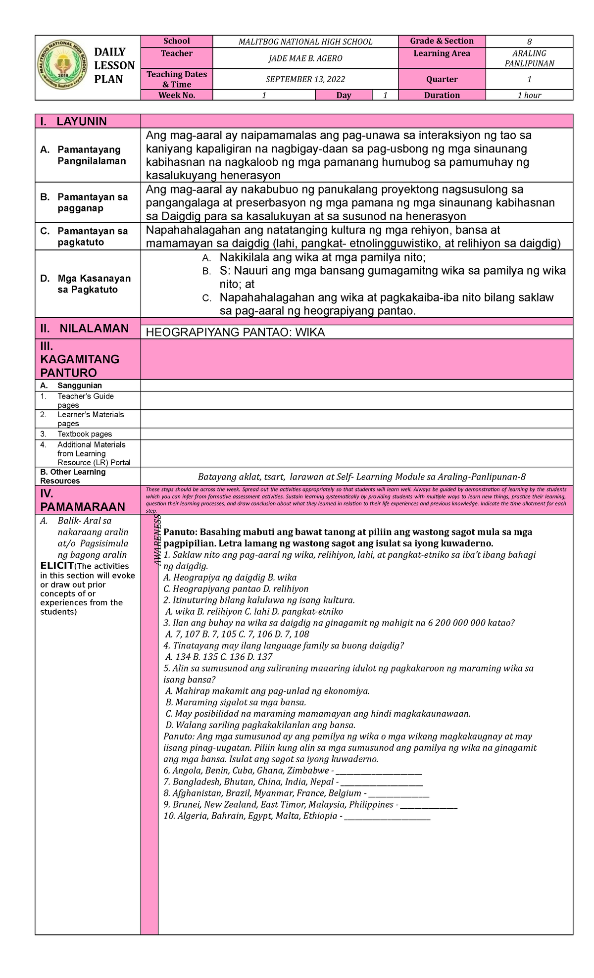 DLP-AP8 Q1 M2 - AP 8 - DAILY LESSON PLAN School MALITBOG NATIONAL HIGH SCHOOL Grade & Section 8 ...