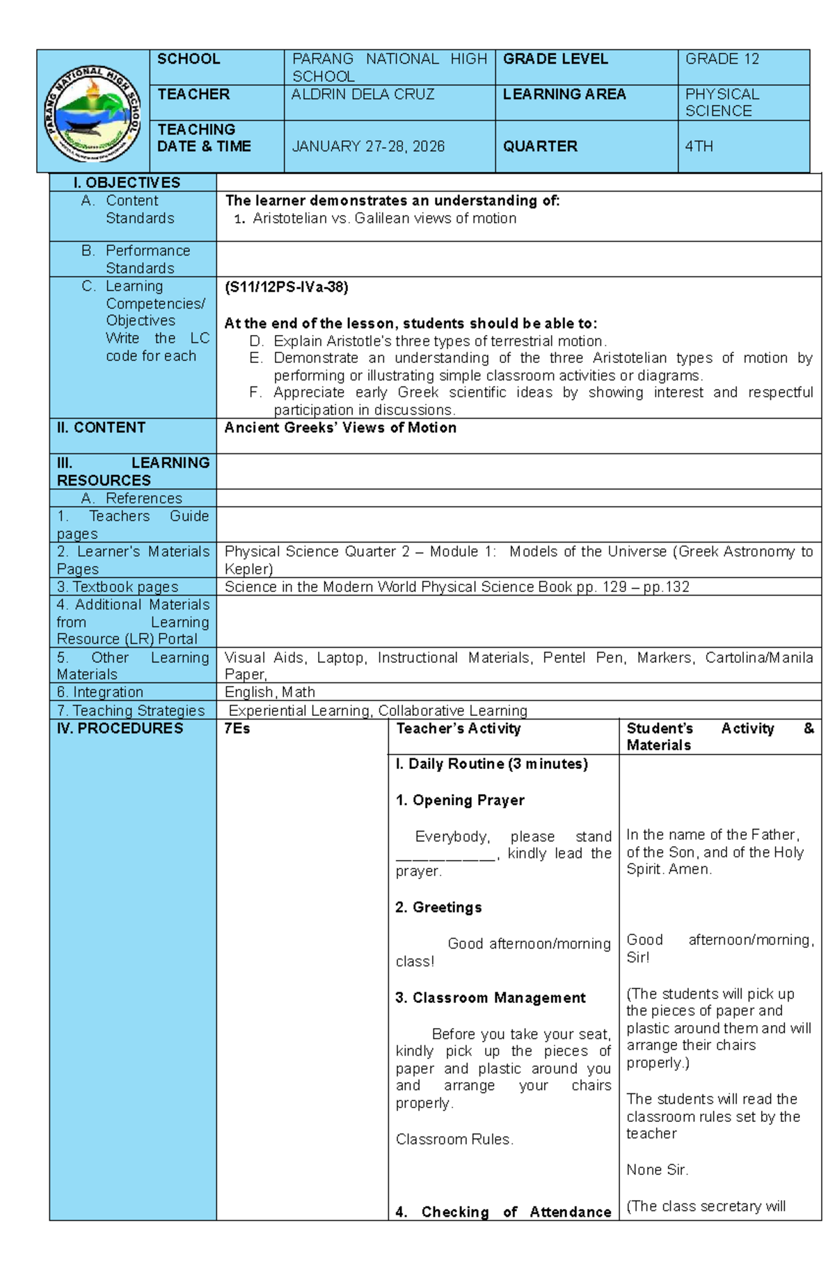Grade 12 Physical Science Lesson Plan: Understanding Motion (Q4) - Studocu