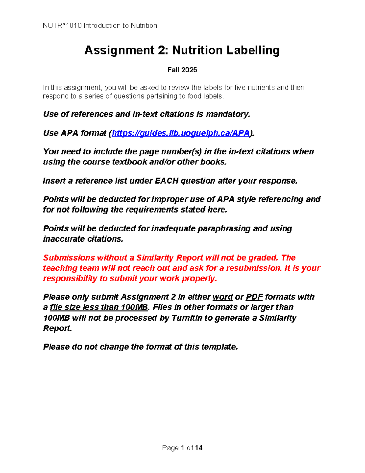 NUTR1010DE Assignment 2: Nutrition Labelling Analysis Fall 2025 - Studocu