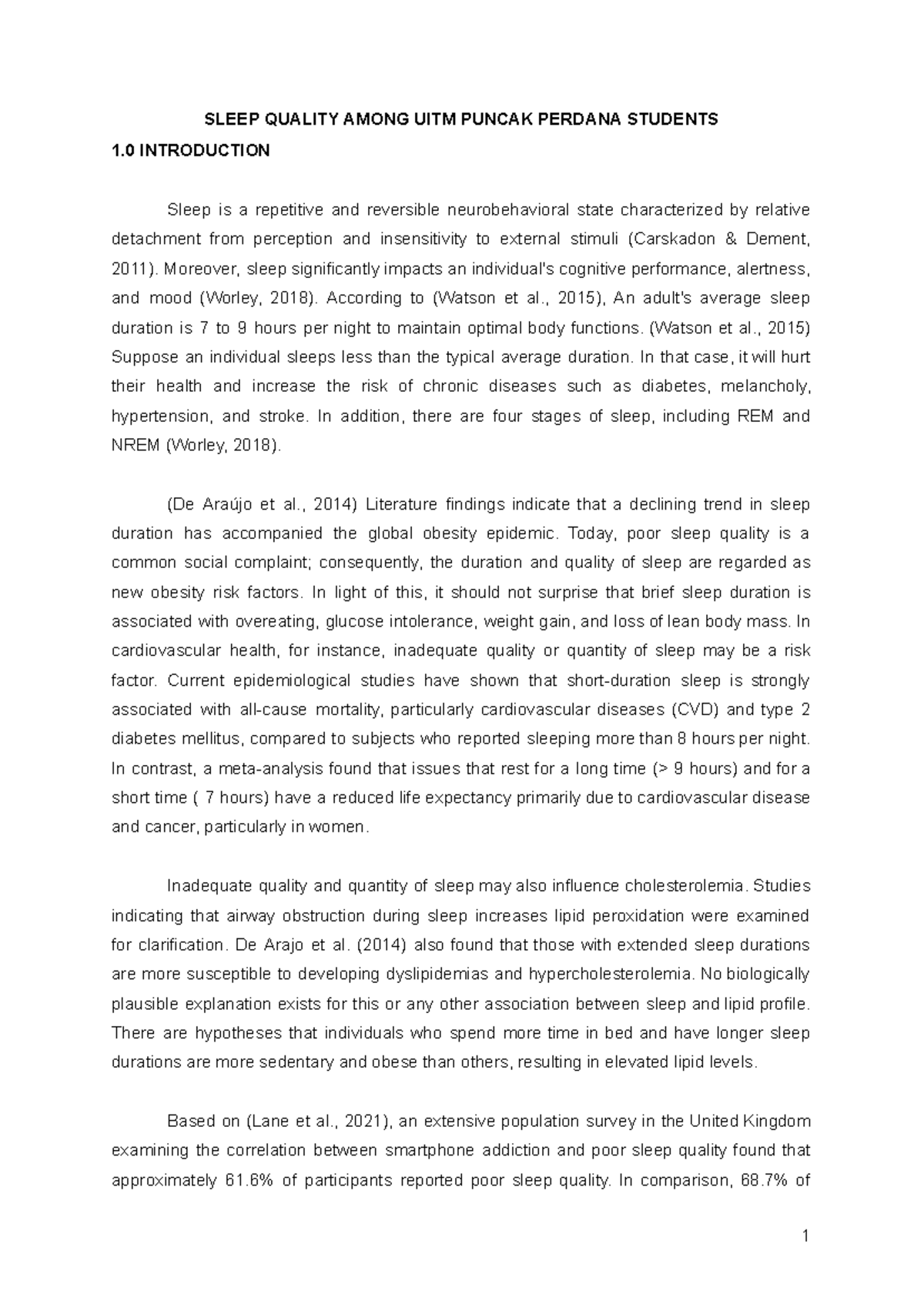 EWC 661 Proposal - SLEEP QUALITY AMONG UITM PUNCAK PERDANA STUDENTS 1 ...