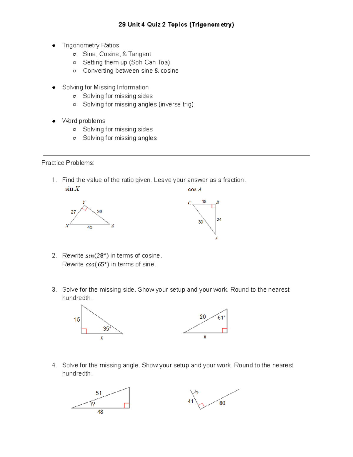 Unit 4 Quiz 2 Topics (Trigonometry) - Ratios, Solving, and Word ...