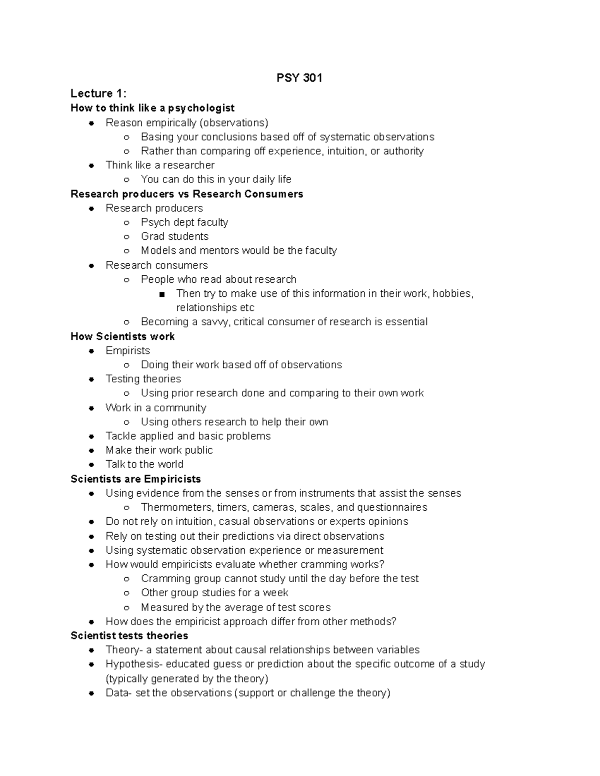 PSY 301 - Comprehensive Lecture Notes on Psychological Research Methods ...