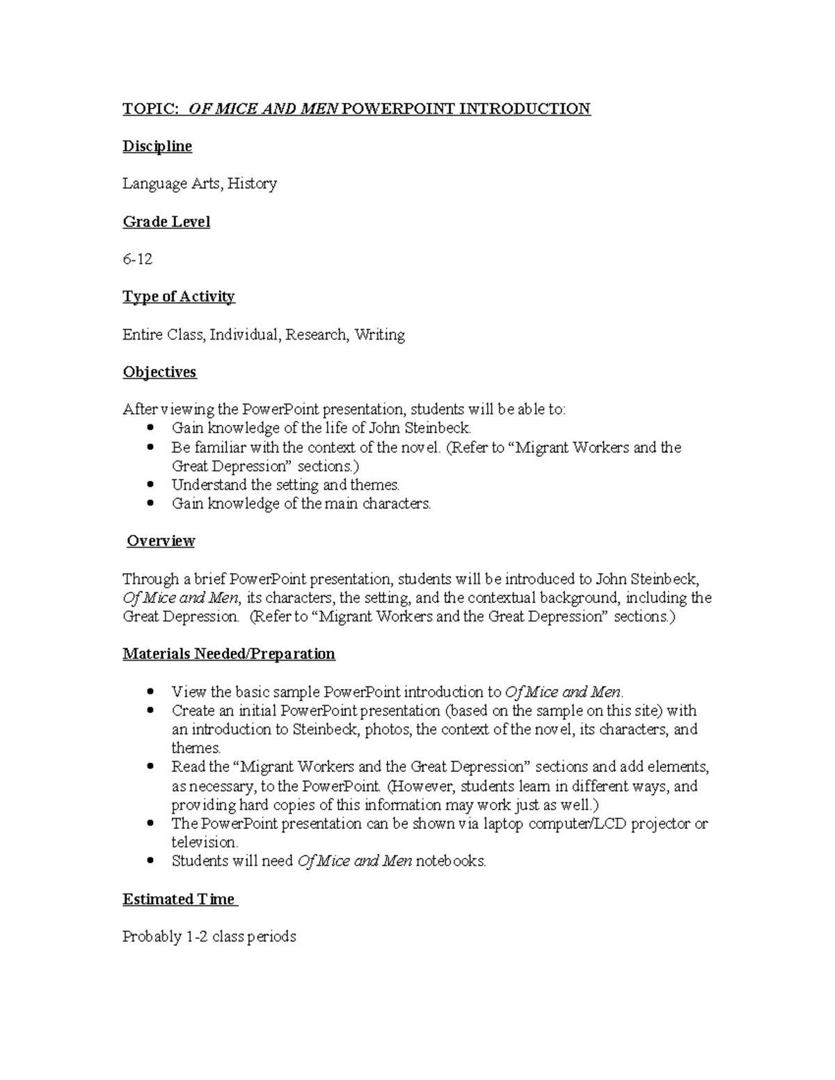 Of Mice and Men Introduction: PowerPoint Overview for LA/HIST - Studocu