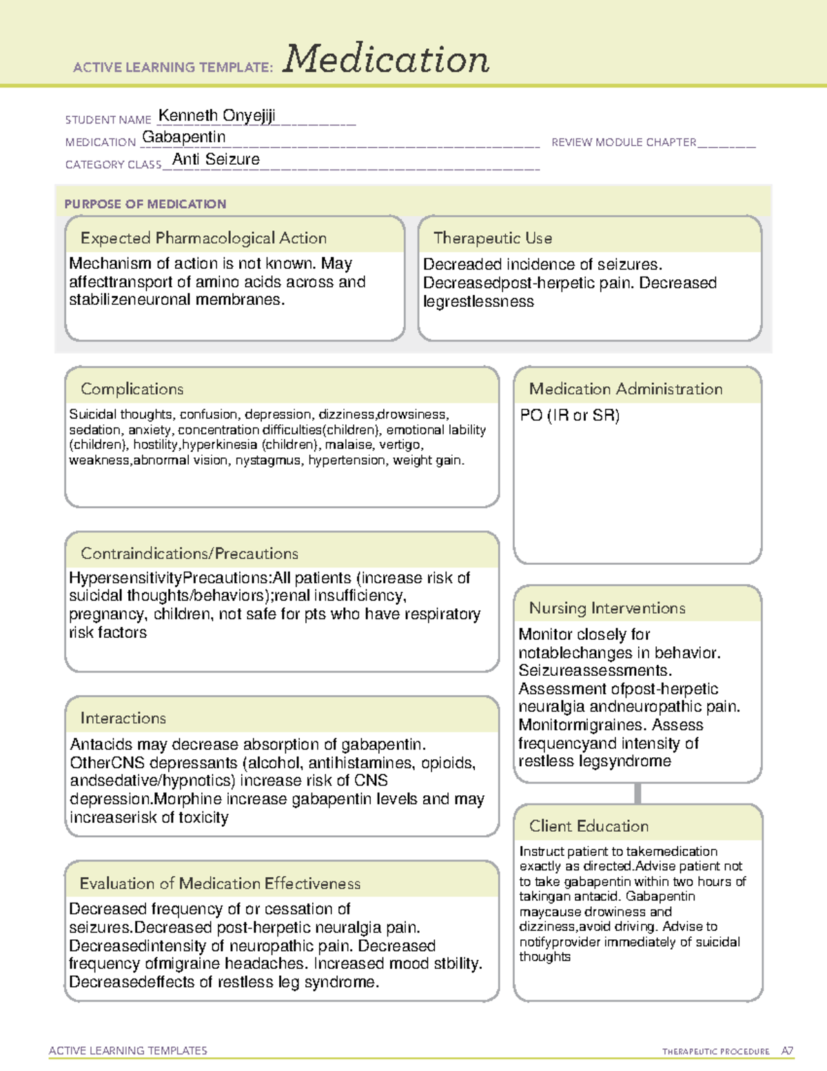 Gabapentin Template medication ATI - ACTIVE LEARNING TEMPLATES ...