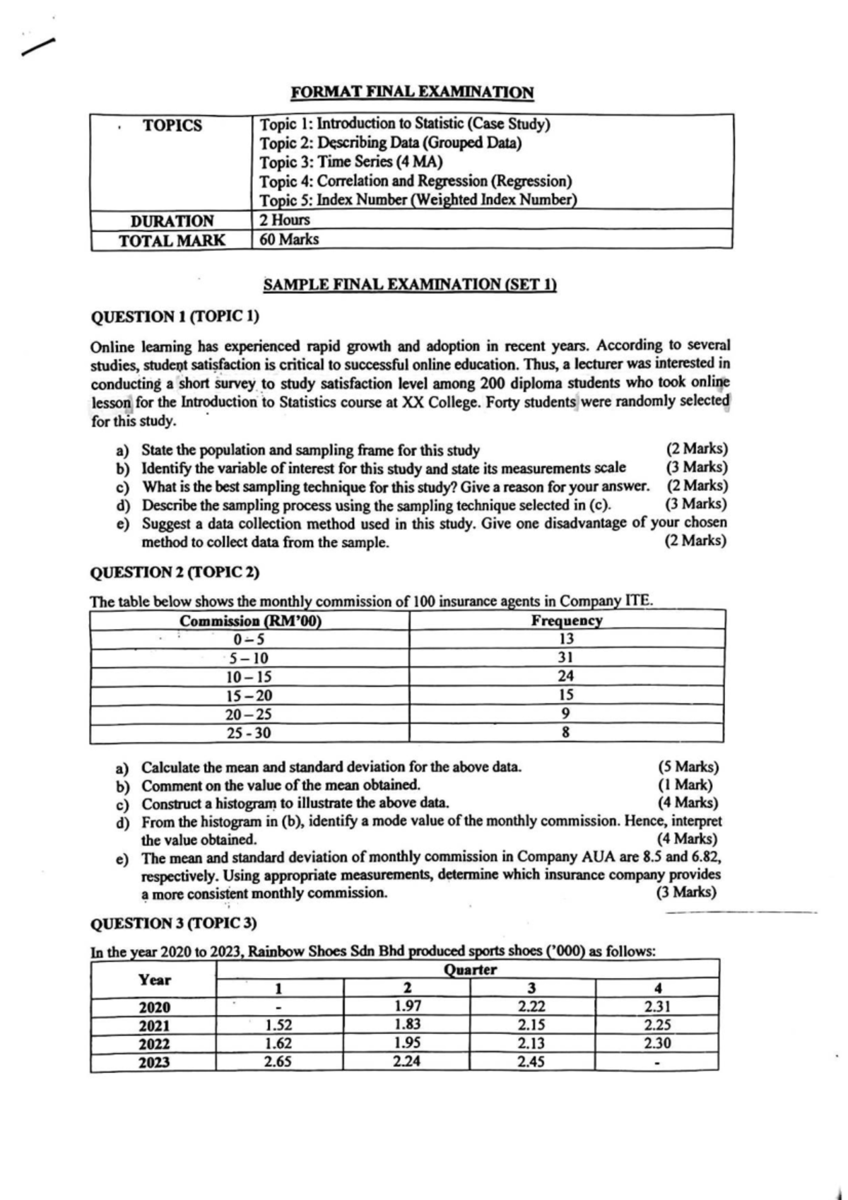 STA104 Sample Final Exam Topics: Statistics Case Studies and Analysis ...