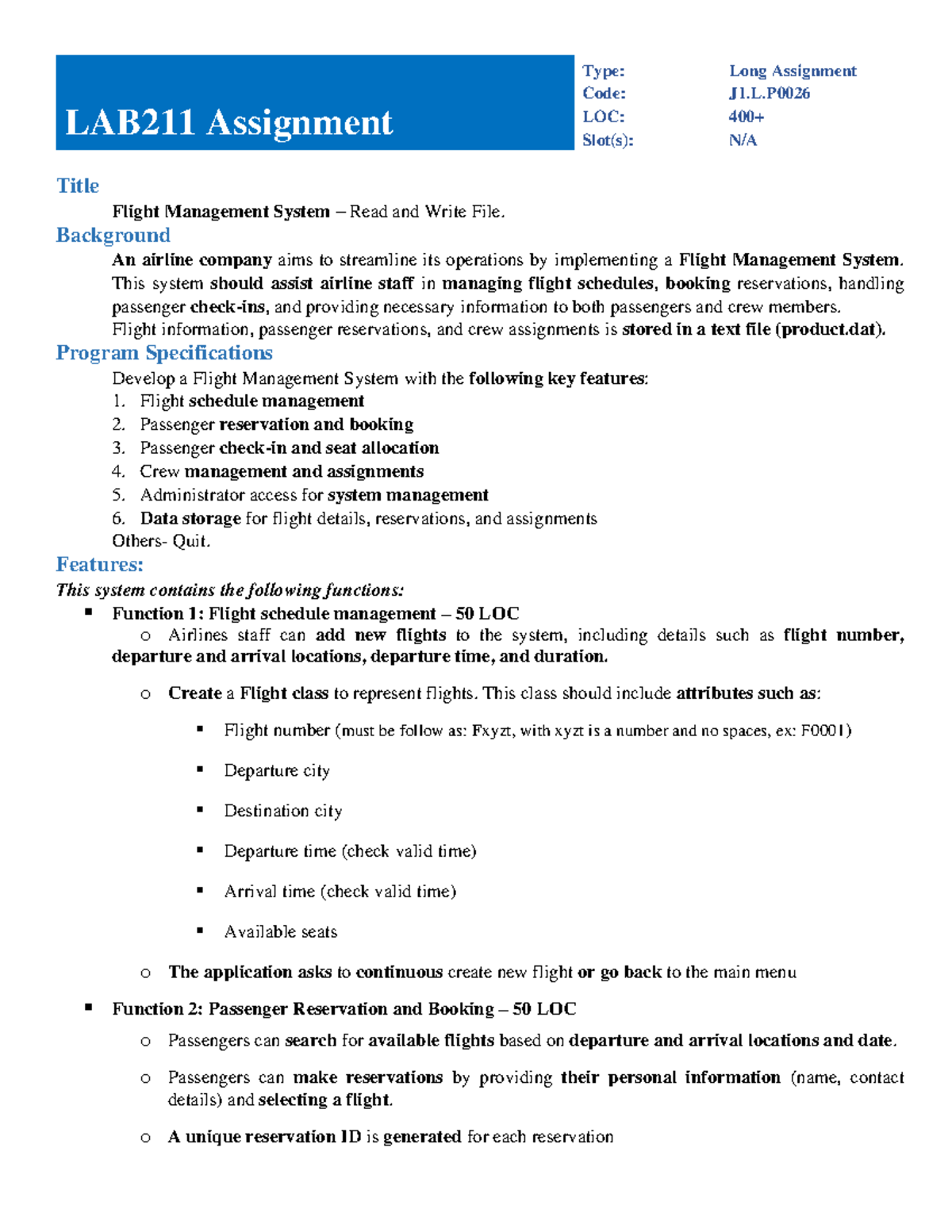 J1.L.P0026. Flight Management System-400 - LAB211 Assignment Type: Long ...